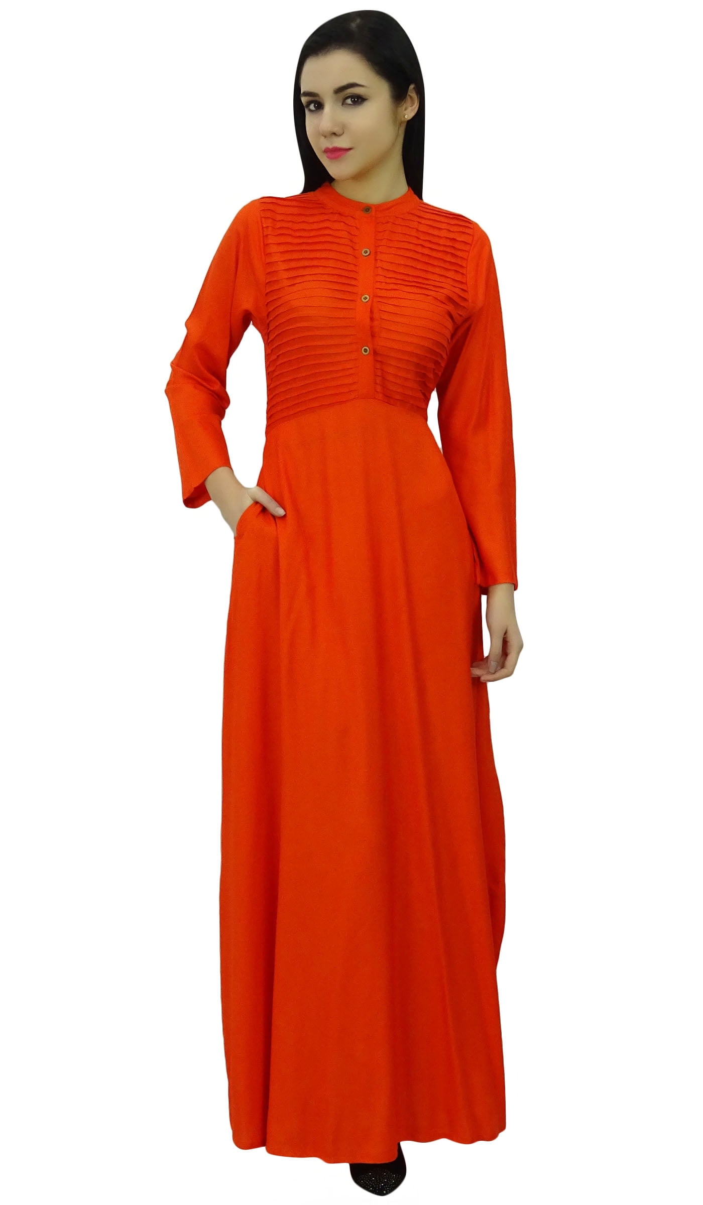 Bimba Women's Long Sleeve Maxi Mandarin Collar Plain Jilbab Dress With ...