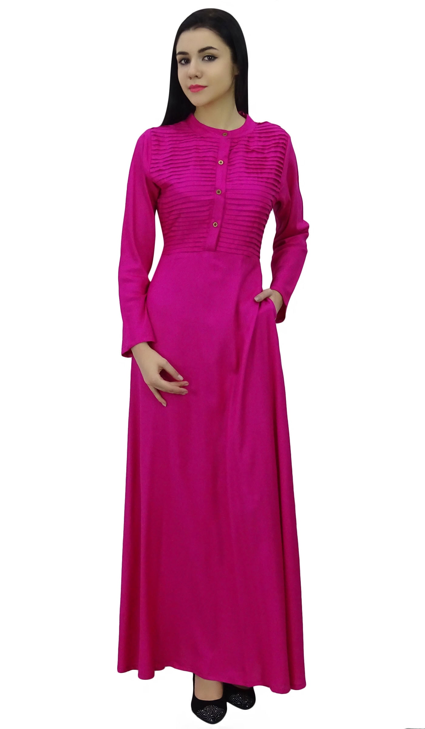 Bimba Women's Long Sleeve Maxi Mandarin Collar Plain Jilbab Dress With ...
