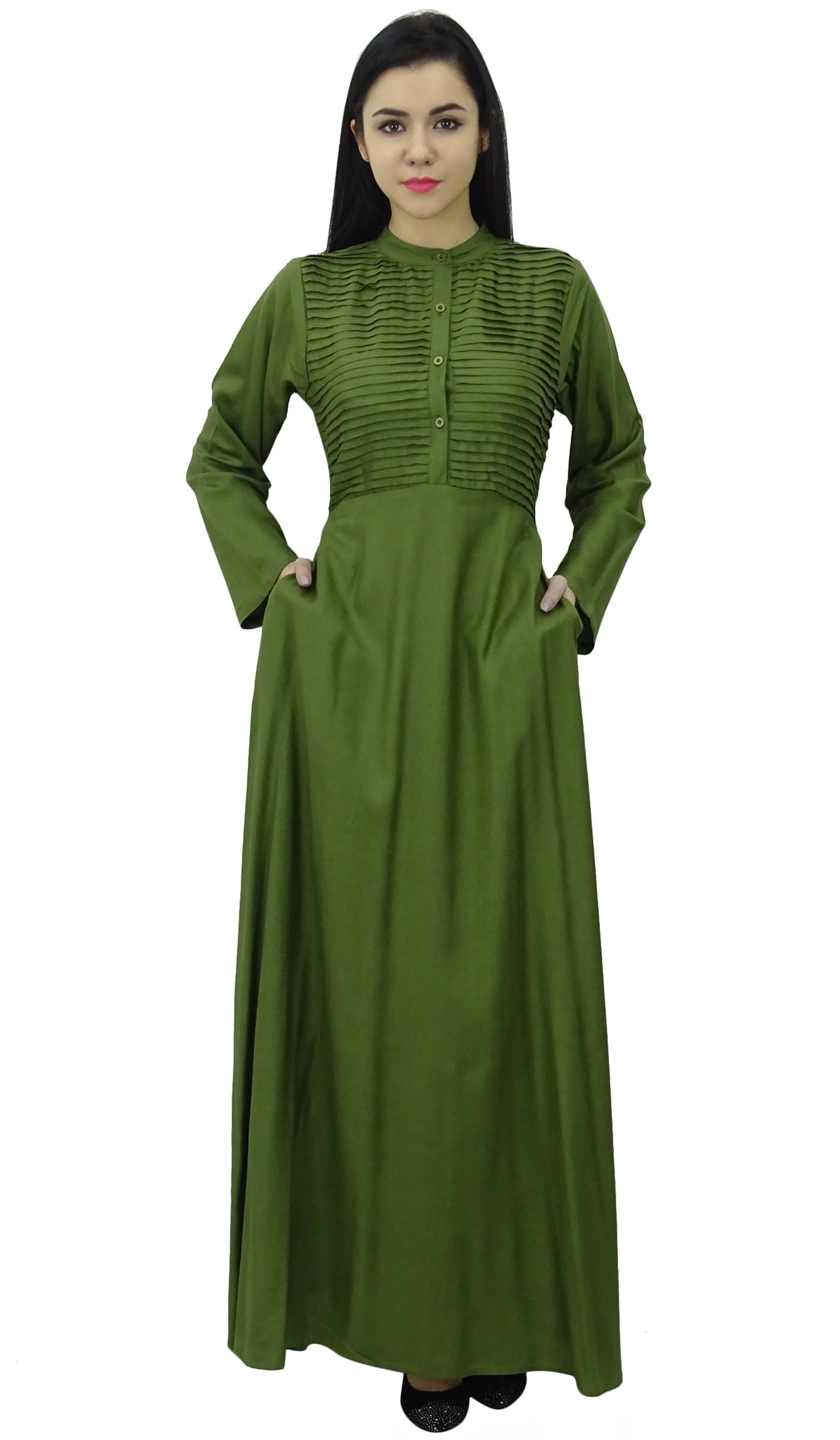 Bimba Women's Long Sleeve Maxi Mandarin Collar Plain Jilbab Dress With ...