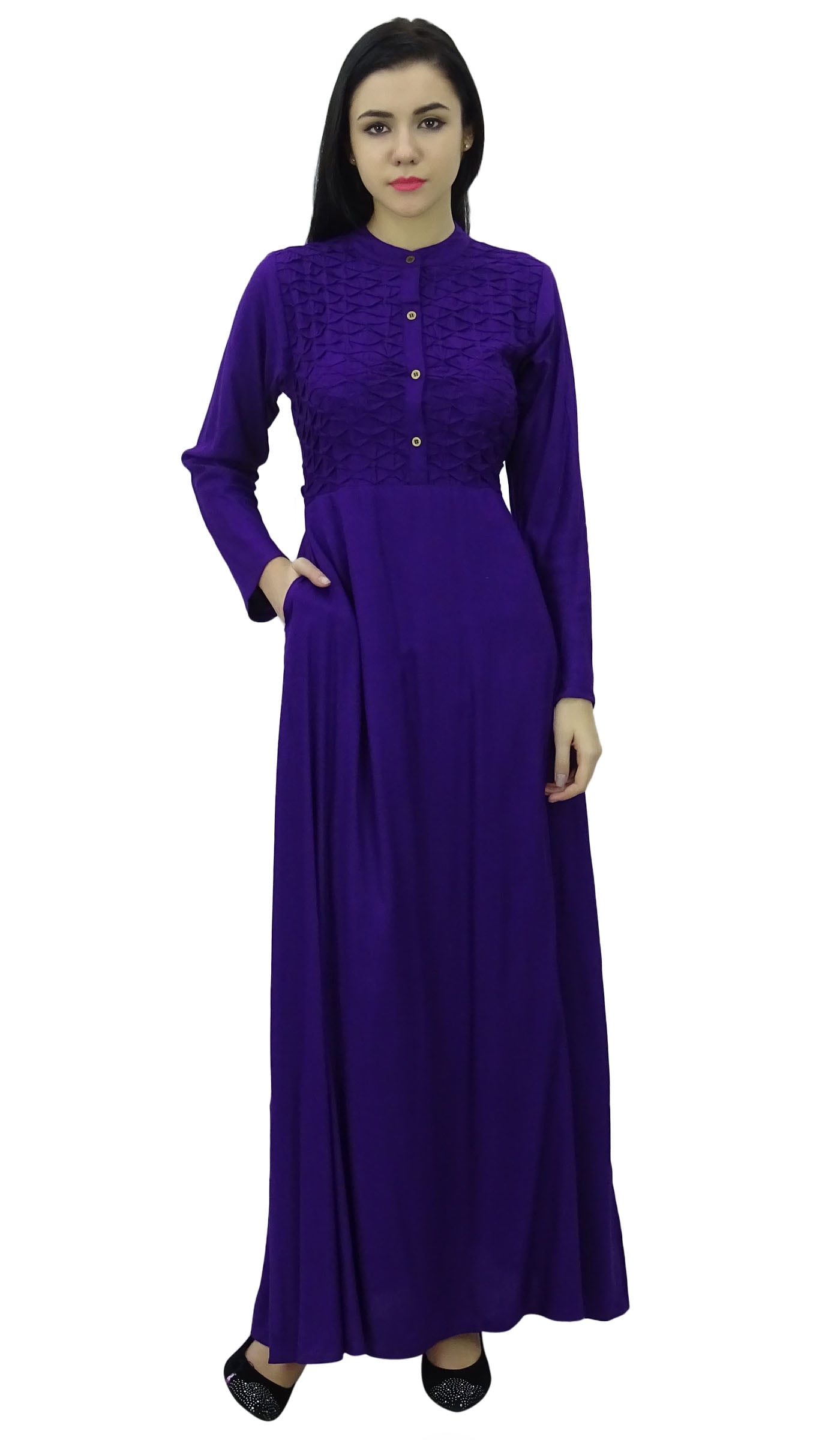 Bimba Women's Mandarin Collar Plain Jilbab Dress With Pockets Full ...