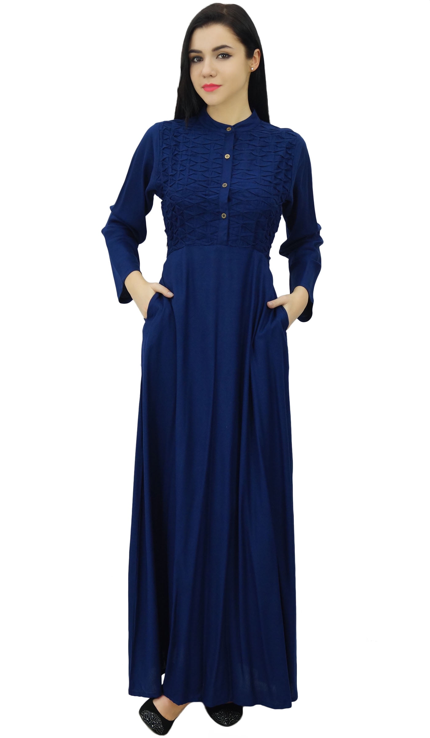 Bimba Women's Mandarin Collar Plain Jilbab Dress With Pockets Full ...