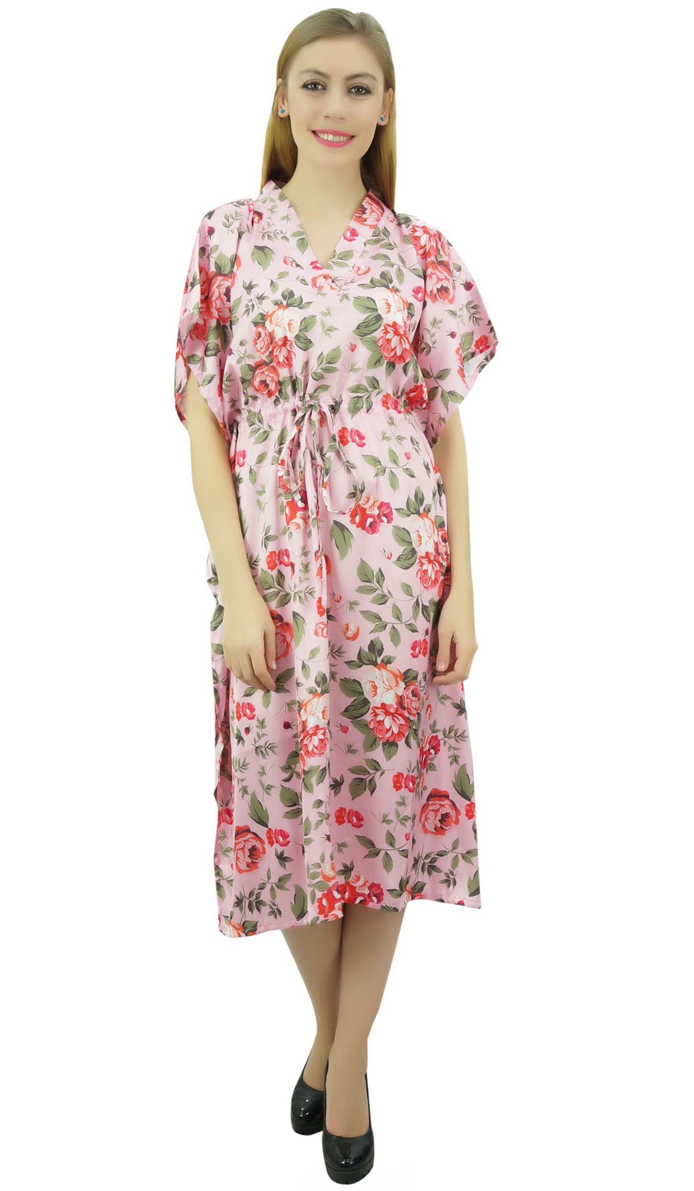 Bimba Women's Pink Floral Mid Calf Length Drawstring Kimono Kaftan ...