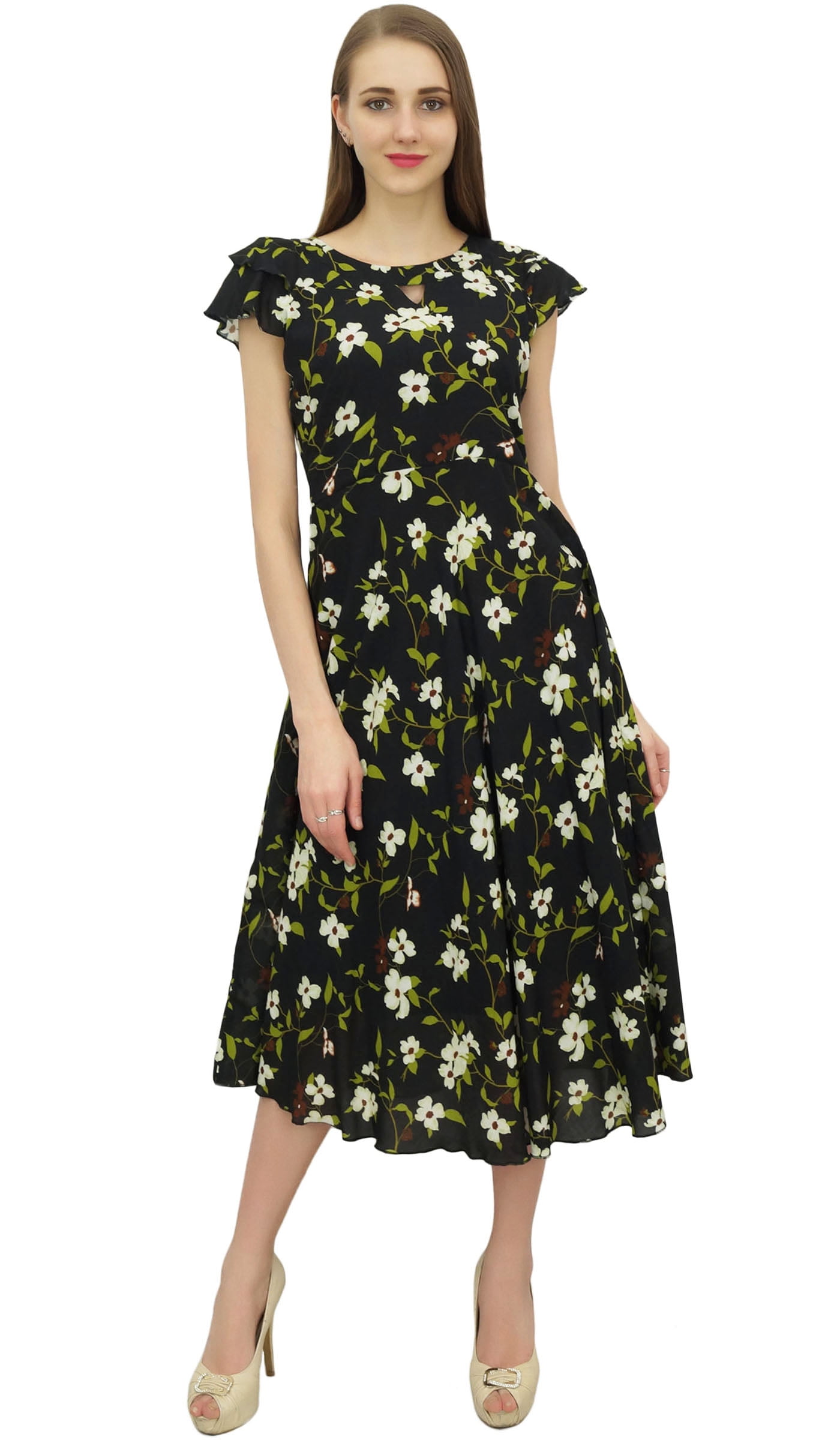 Bimba Women's Ruffly Sleeve Digital Floral Printed Black Cotton Party ...