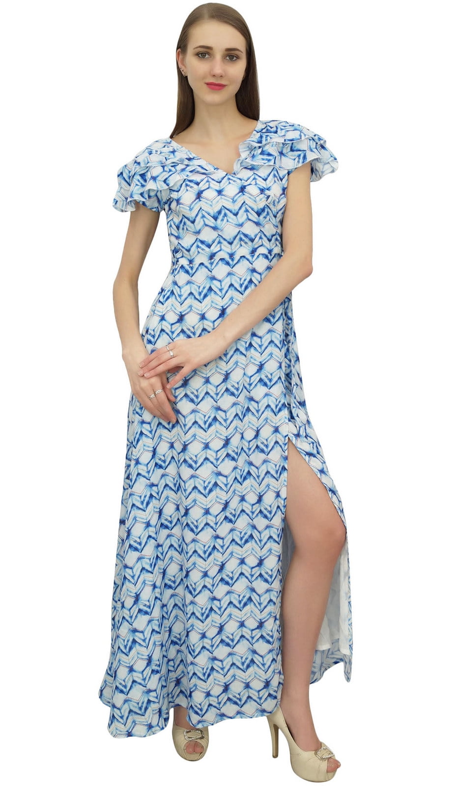 Bimba Women's Ruffly Sleeve Digital Print Wrap Long White Maxi Party ...