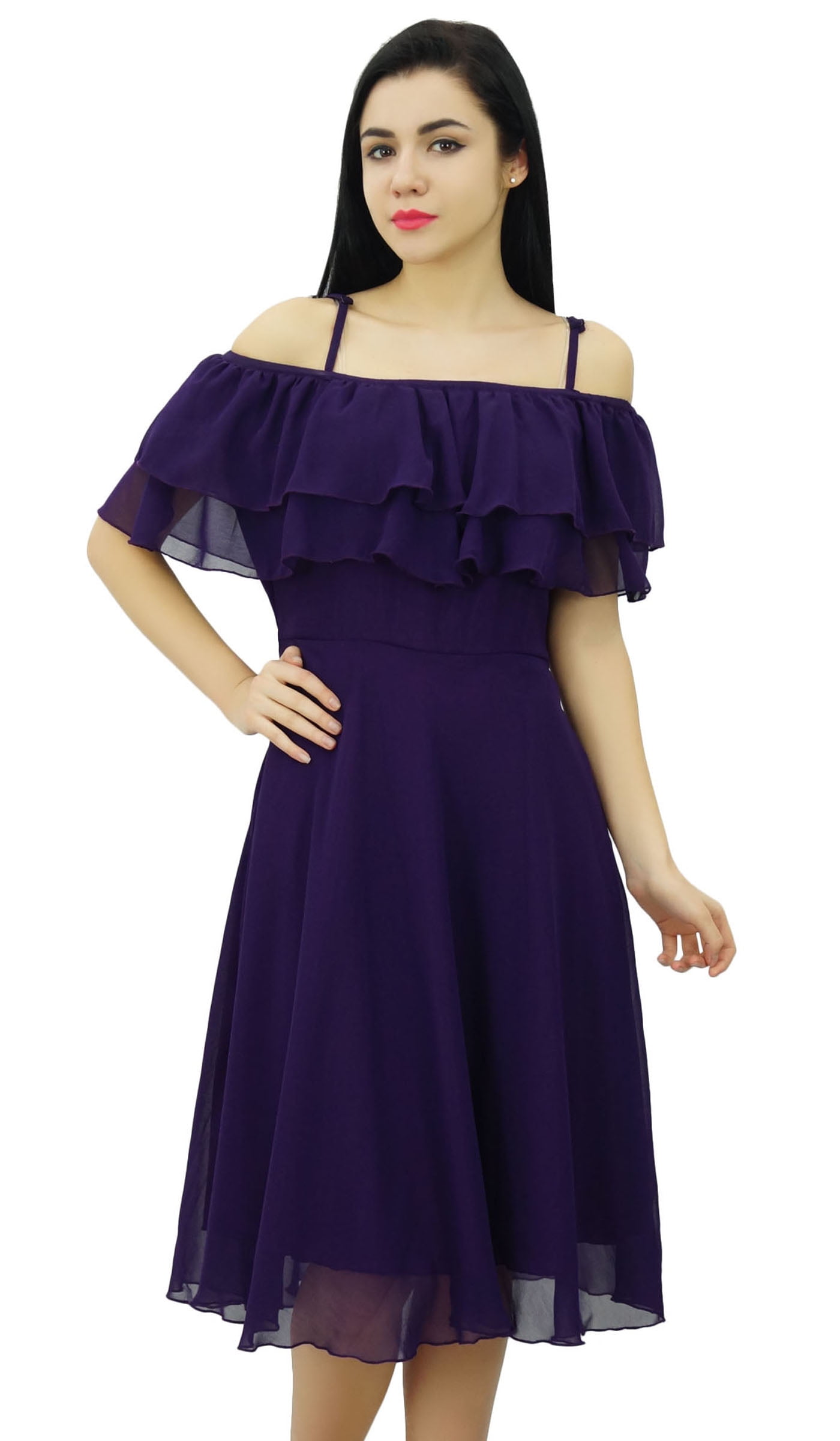 Bimba Women's Solid Georgette Off Shoulder Ruffle Plain Shift Dress ...