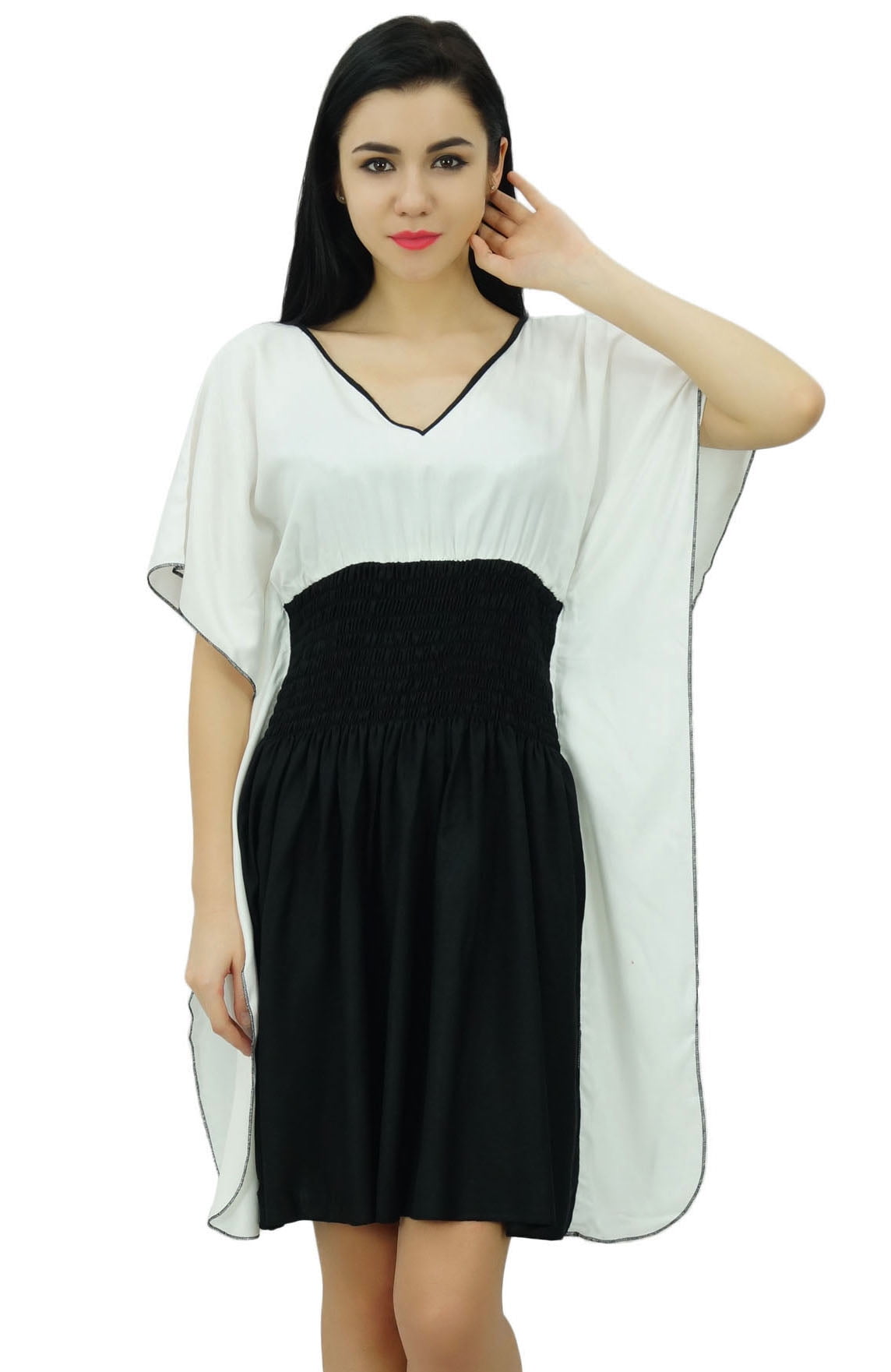 Bimba Women's Summer Beach Wear Kaftan Smocked Waist Short Caftan Dress ...