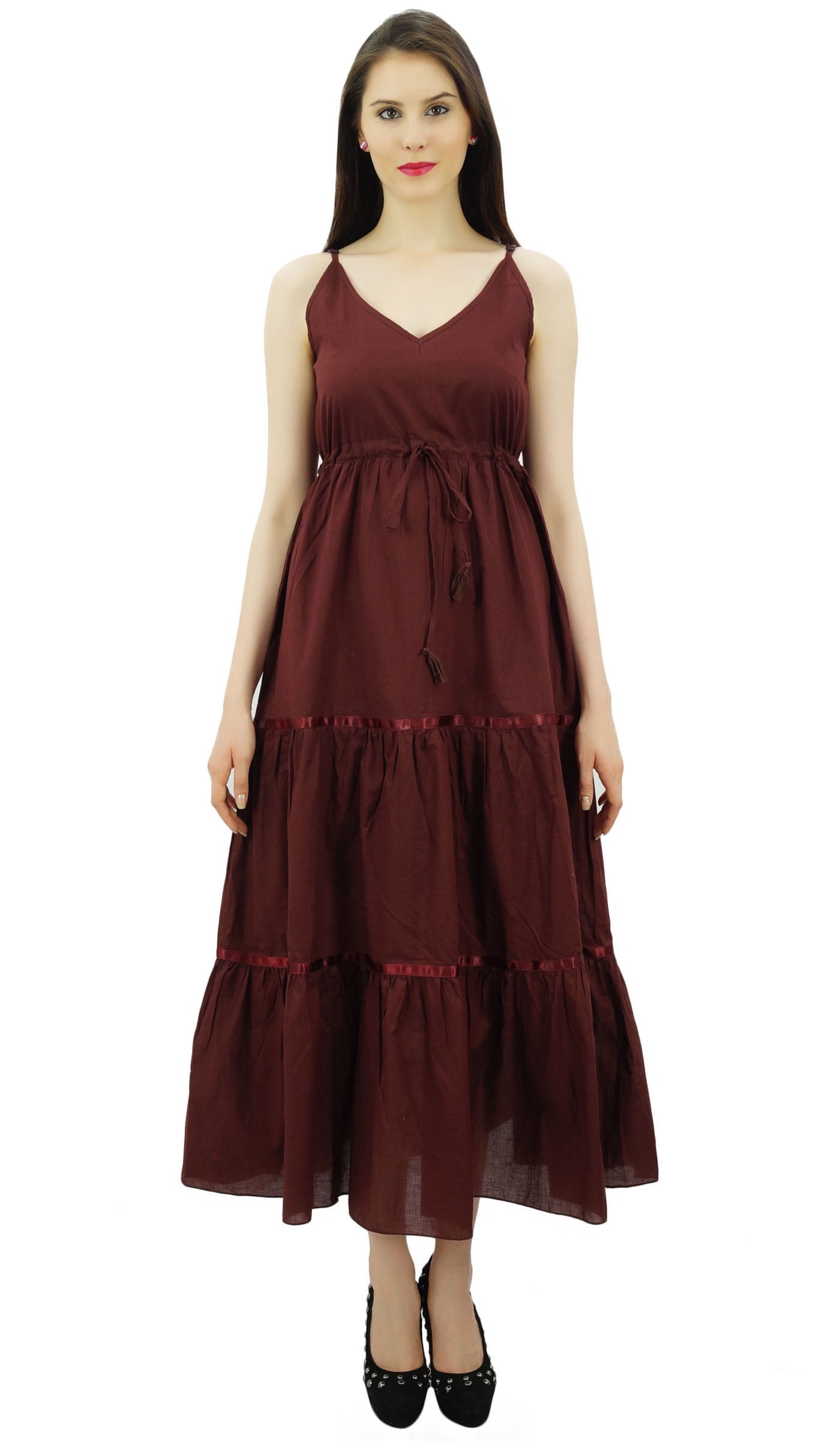 Bimba Women's Sundress Long Maxi Drawstring Waist Spaghetti Strap ...