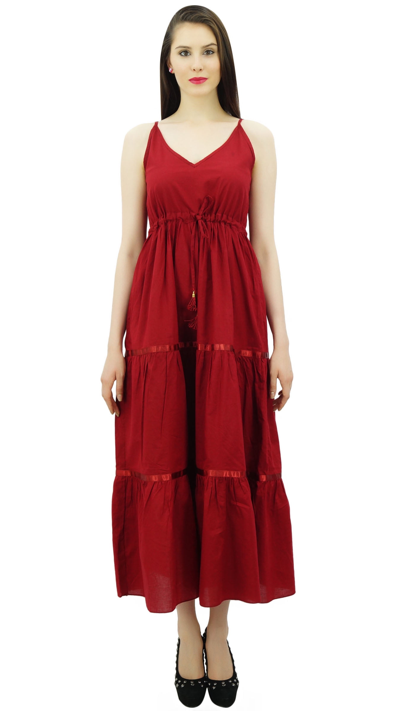 Bimba Women's Sundress Long Maxi Drawstring Waist Spaghetti Strap ...