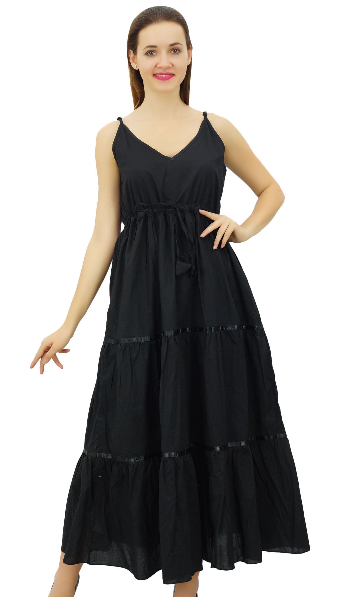 Bimba Women's Sundress Long Maxi Drawstring Waist Spaghetti Strap ...