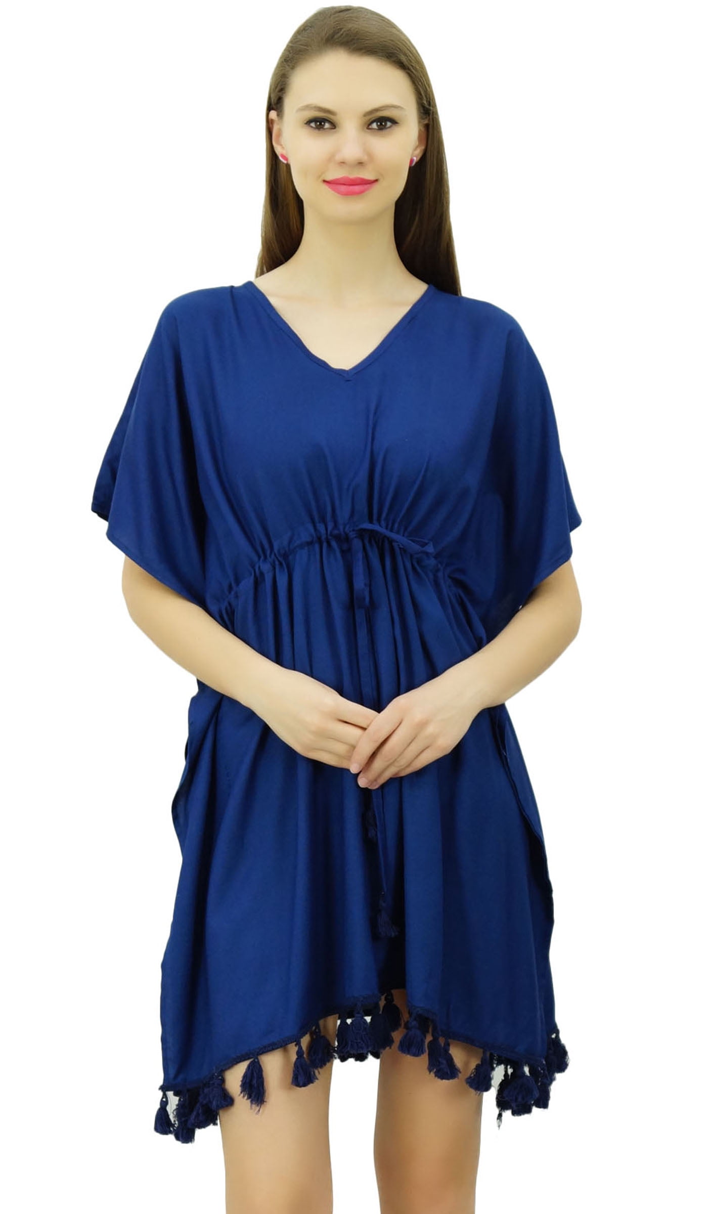 Bimba Women's V-Neck Tassel Kaftan Short Drawstring Waist Caftan ...