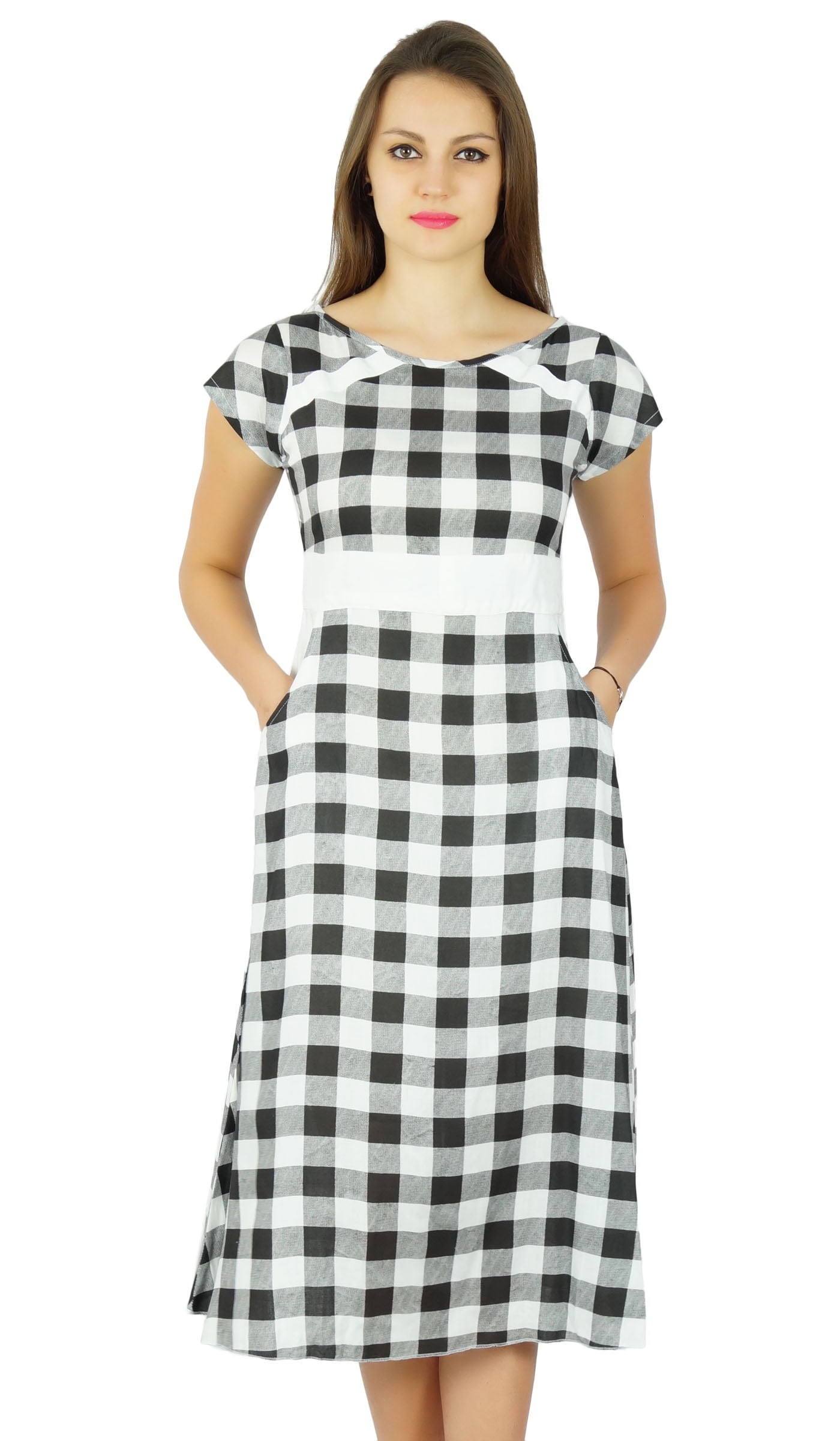 Bimba Womens Check Pattern Cotton Dress With Pockets Knee Length Casual ...