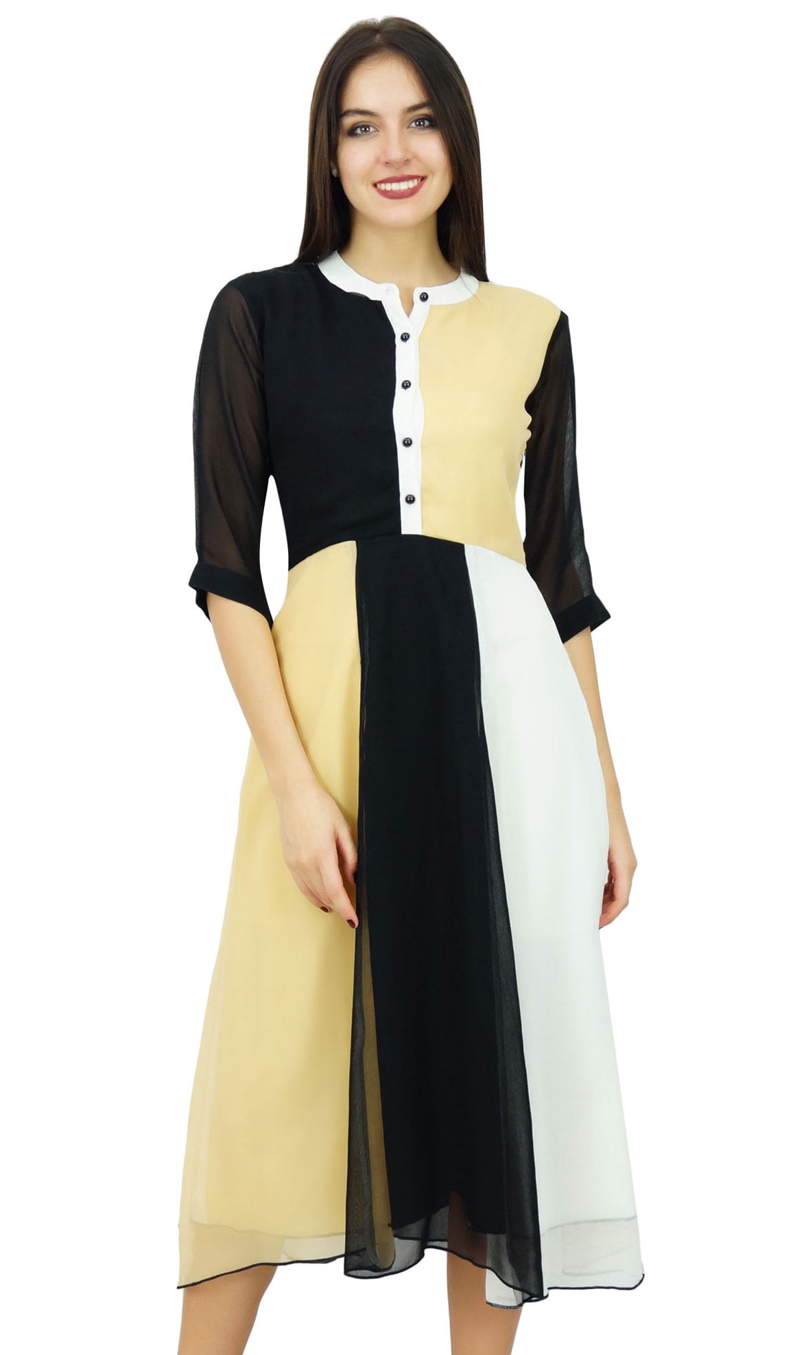 Bimba Womens Classic Mandarin Collar Shift Dress Tricolour Midi Summer ...