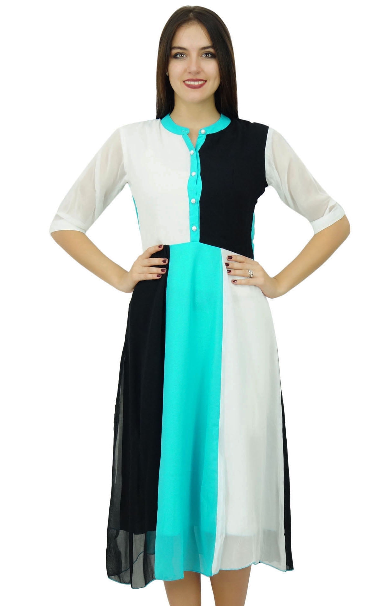 Bimba Womens Classic Mandarin Collar Shift TriColor Midi Summer Chic ...