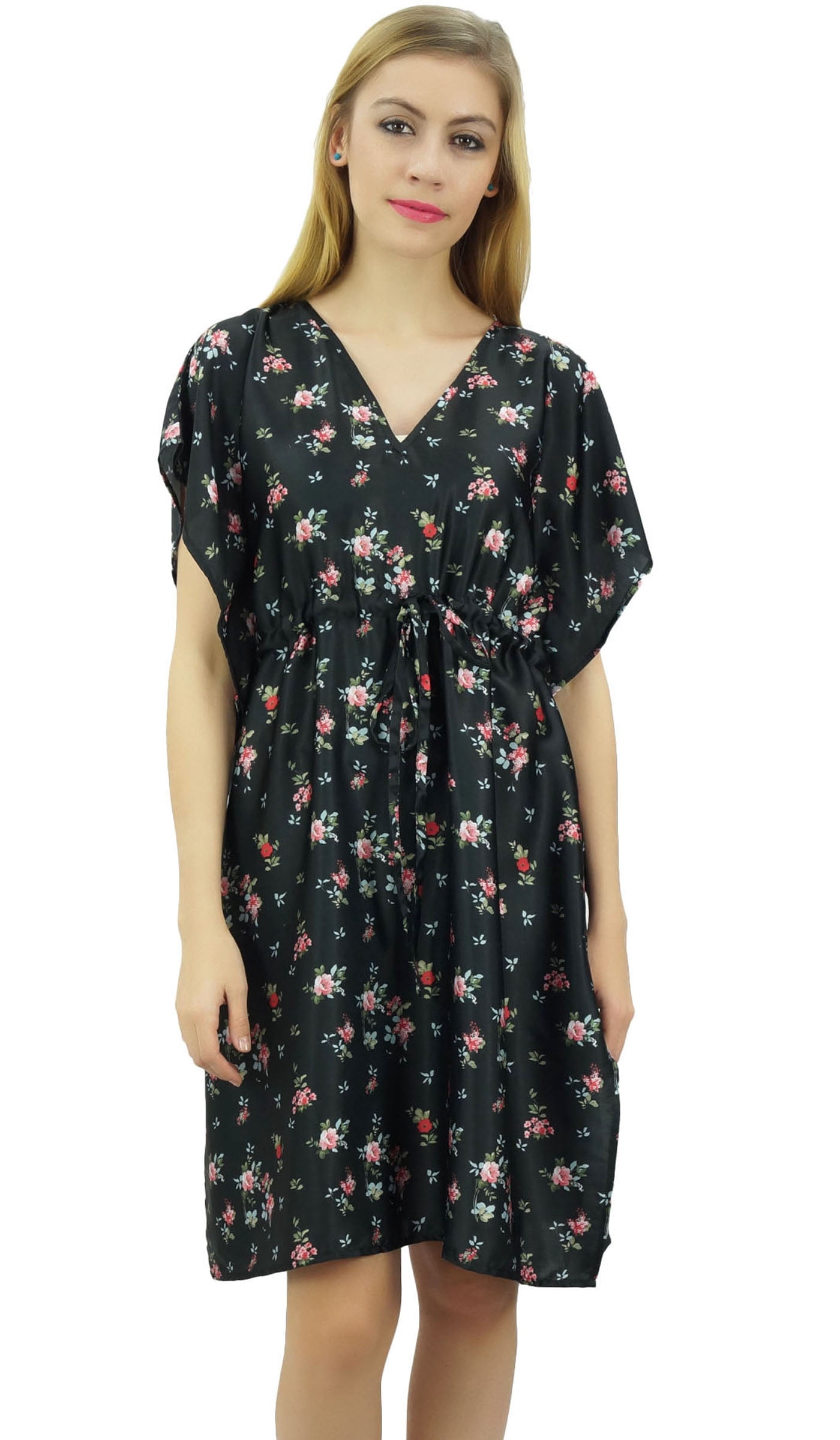 Bimba Womens Floral Black Satin Kimono Bridesmaid Drawstring Cover Up ...