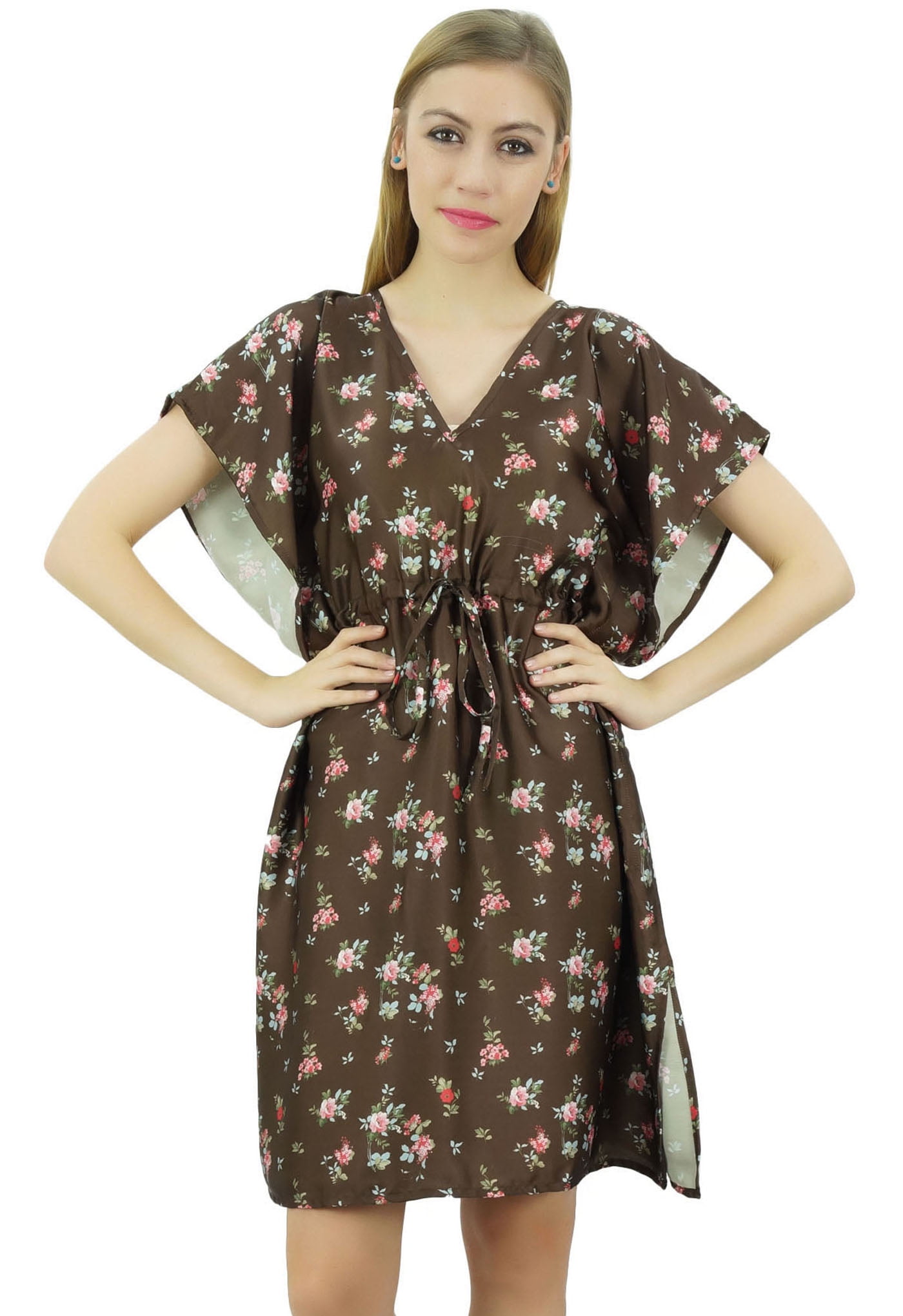 Bimba Womens Floral Brown Satin Kimono Bridesmaid Drawstring Cover Up ...