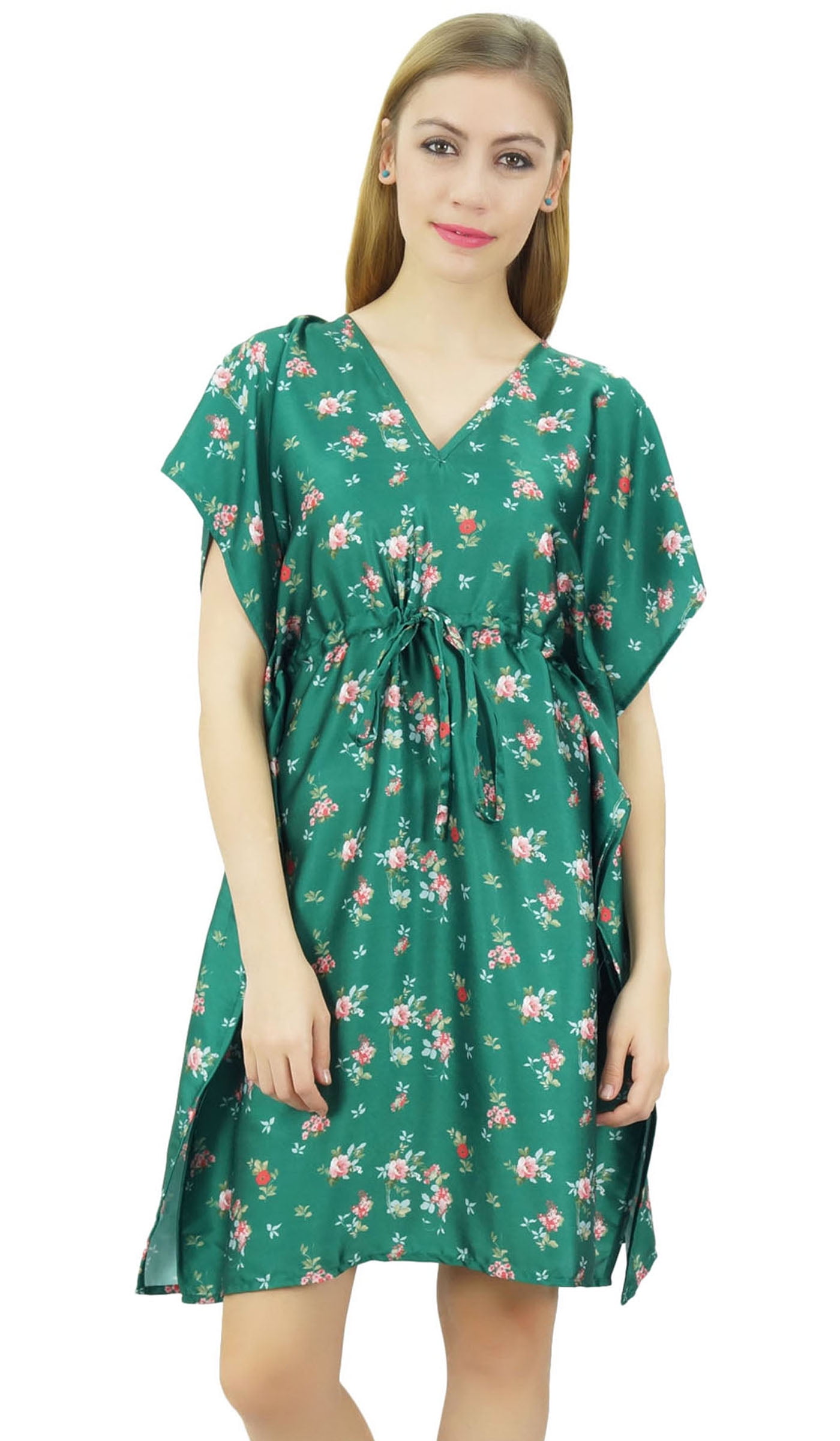 Bimba Womens Floral Green Satin Kimono Bridesmaid Drawstring Cover Up ...