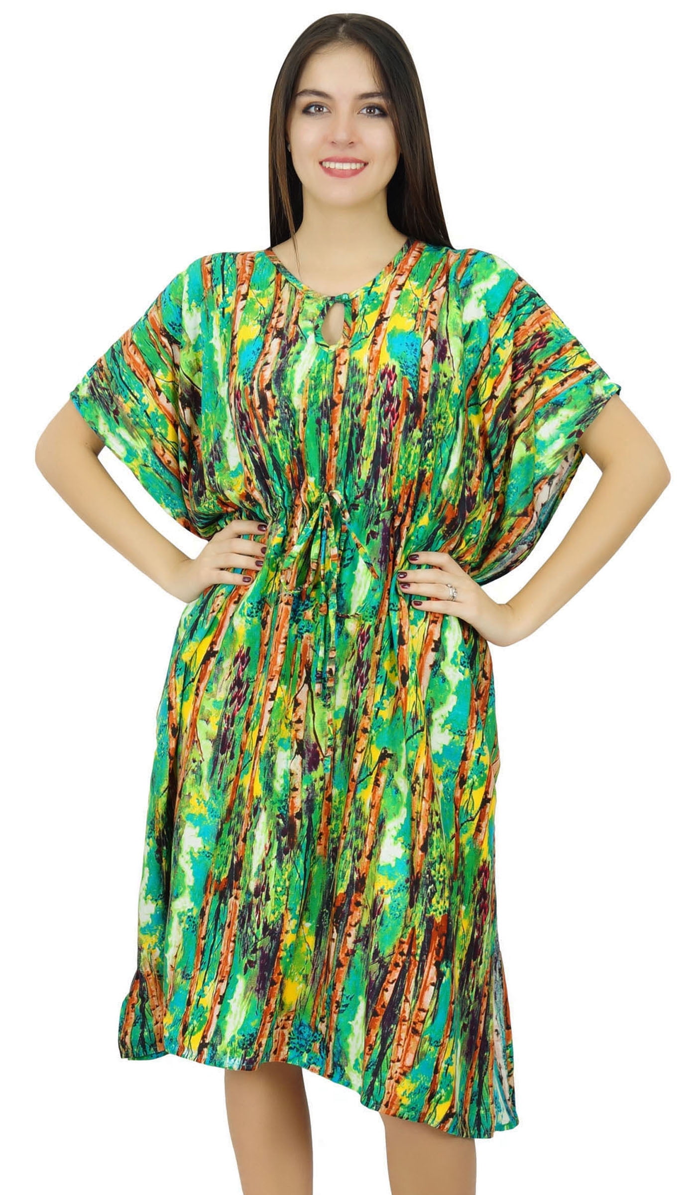 Bimba Womens Green Forest Print Rayon Caftan Beach Cover Up Sleep Wear ...
