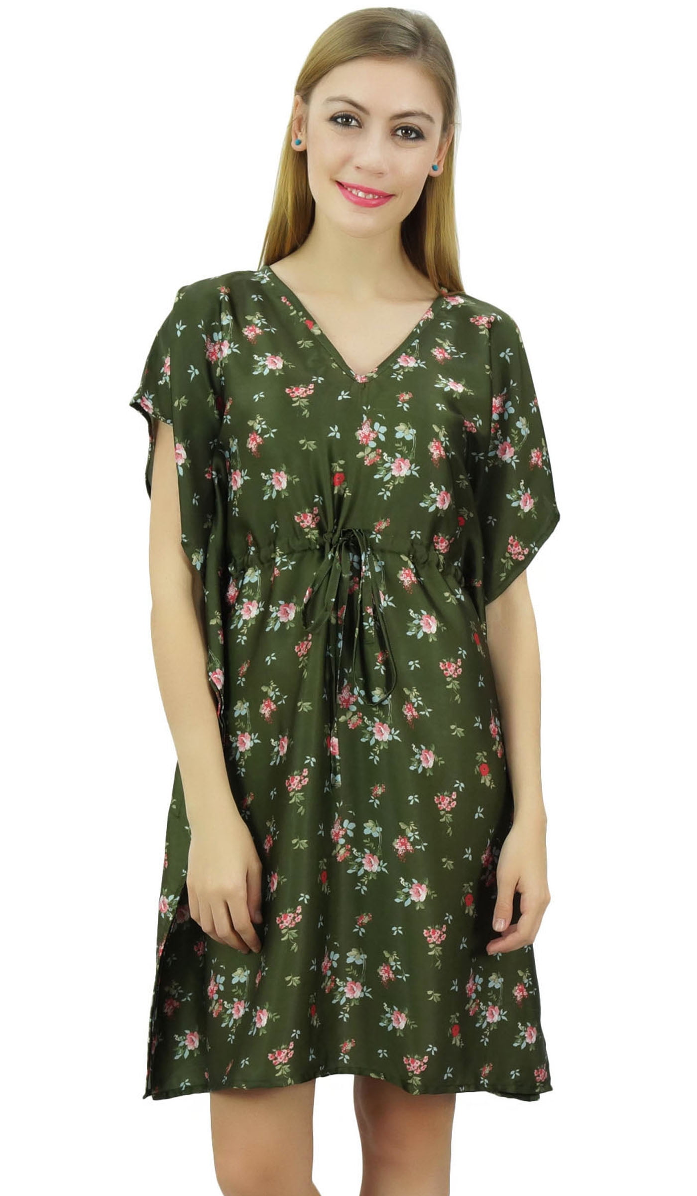 Bimba Womens Satin Kimono Floral Green Bridesmaid Drawstring Cover Up ...