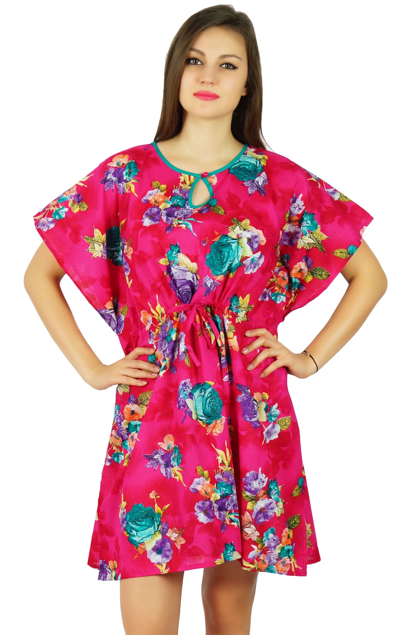 Bimba Womens Short Cotton Floral Kaftan Pink Caftan Coverup Sleep Wear ...