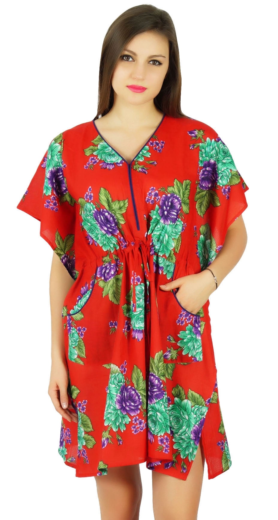 Bimba Womens Short Cotton Kaftan Red Floral Caftan With Pockets Beach ...