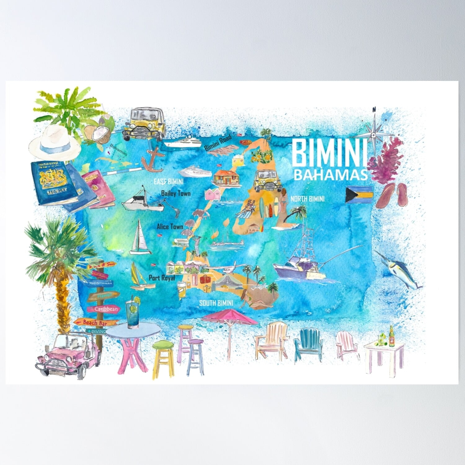 Bimini Bahamas Illustrated Map With Island Tourist Highlights Poster ...