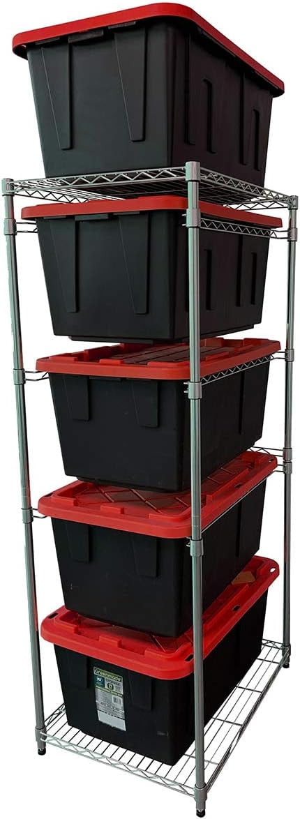 Bin Rack with (5-Pack) 27 Gallon Storage Totes (Red Lid, Black Bin ...