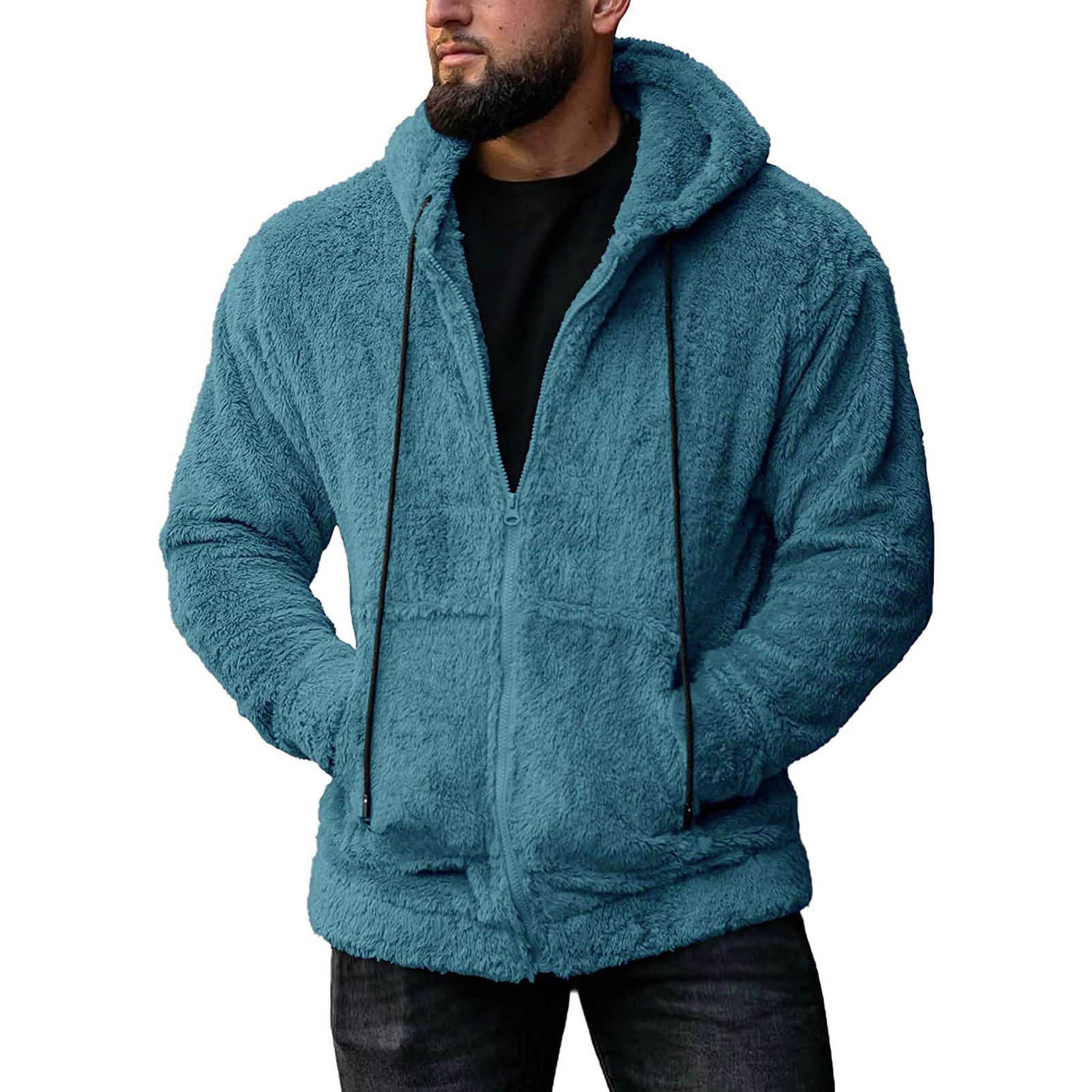 BinBiL Men Double Sided Fleece Zipper Cardigan Coat Solid Color Fuzzy ...