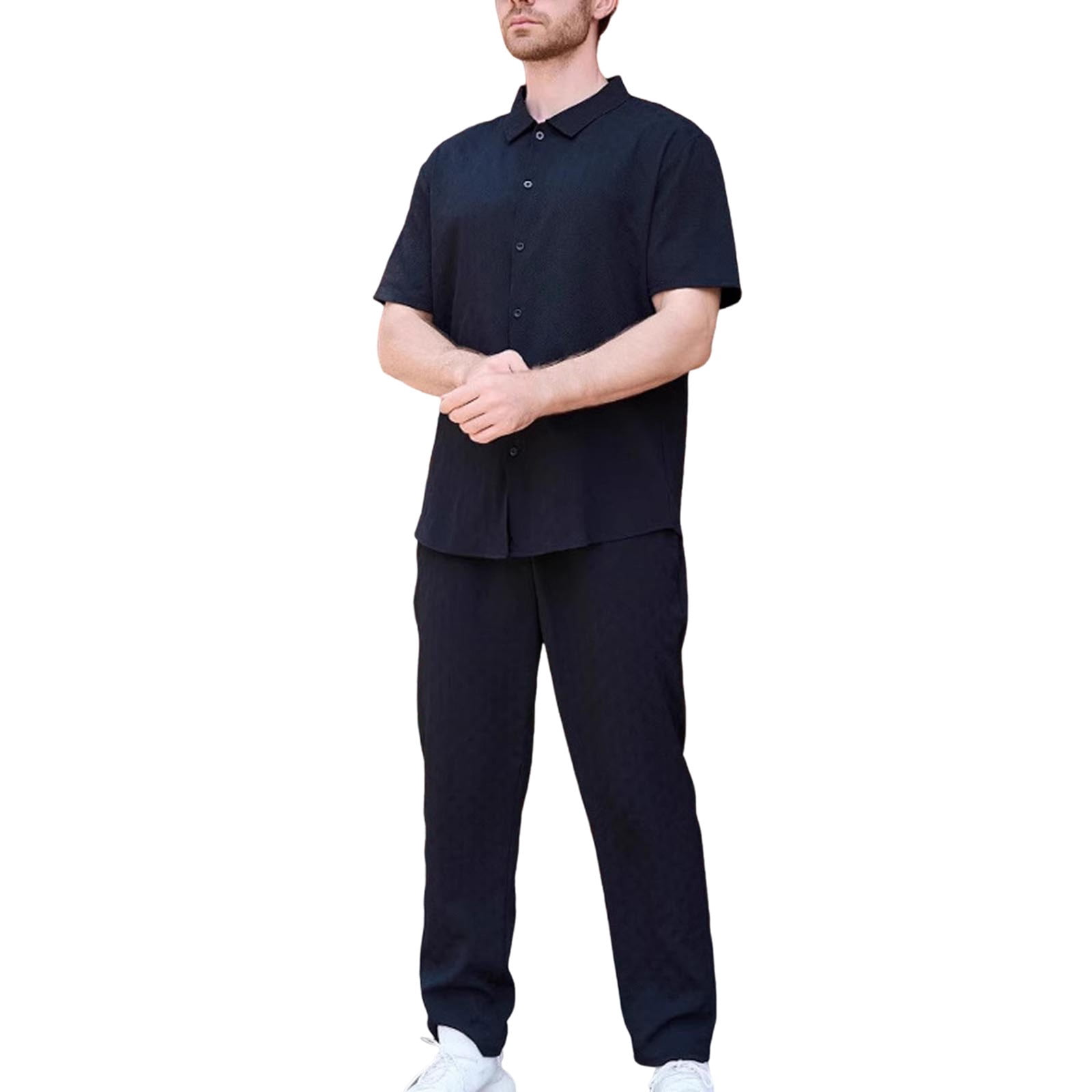 BinBiL Men Solid Color 2-Piece Set Button Front Short Sleeve Shirt ...
