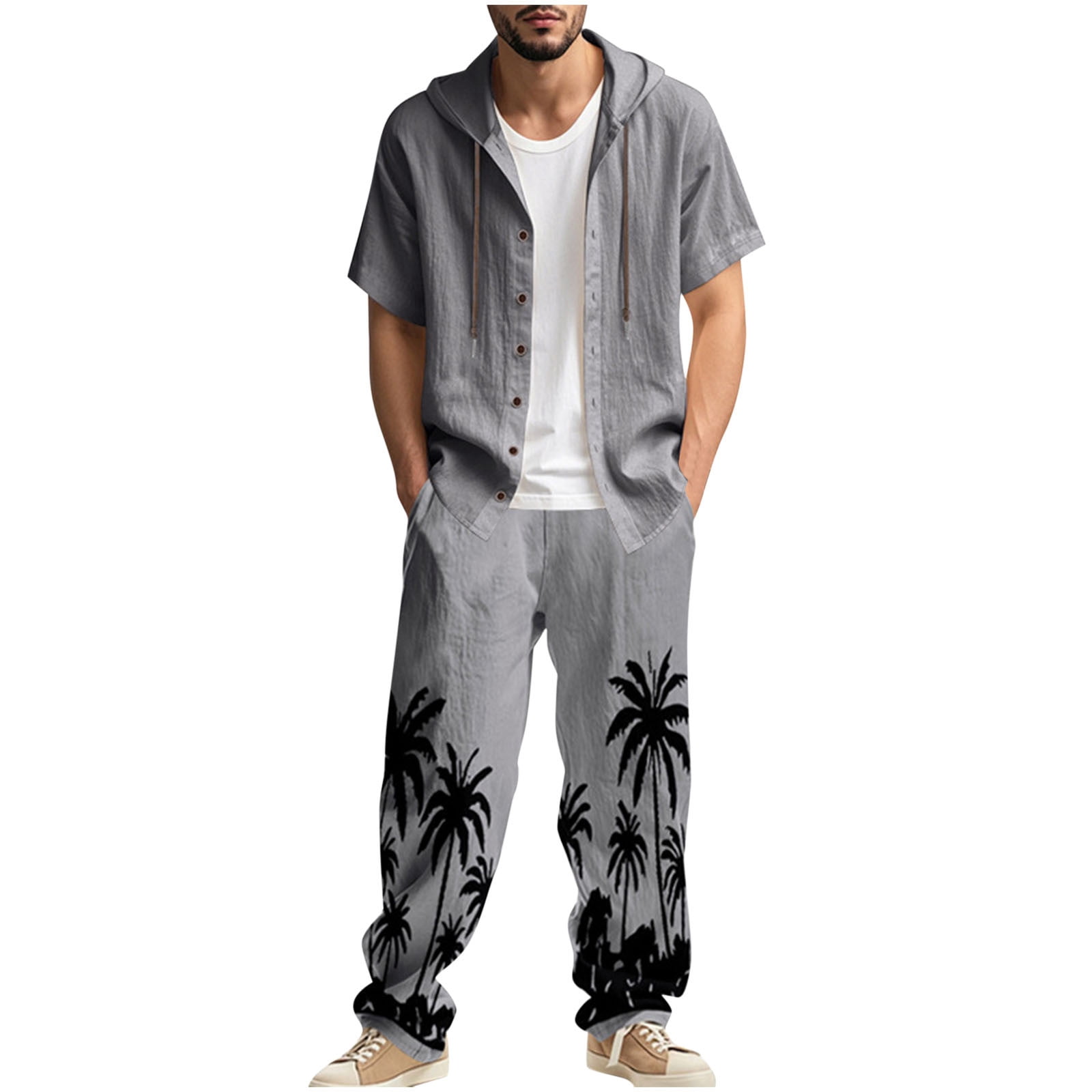 BinBiL Men's 2 Piece Linen Outfits Short Sleeve Hooded Shirt and Beach ...