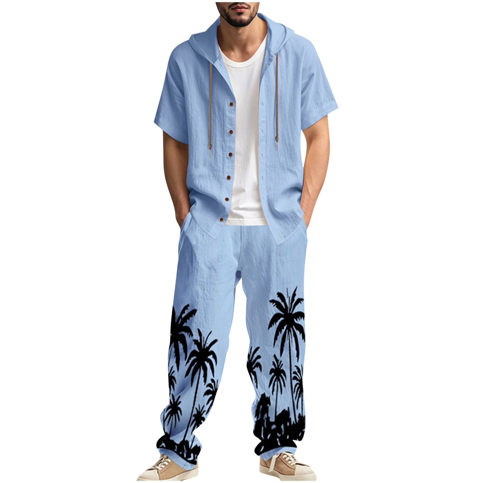 BinBiL Men's 2 Piece Linen Outfits Short Sleeve Hooded Shirt and Beach ...