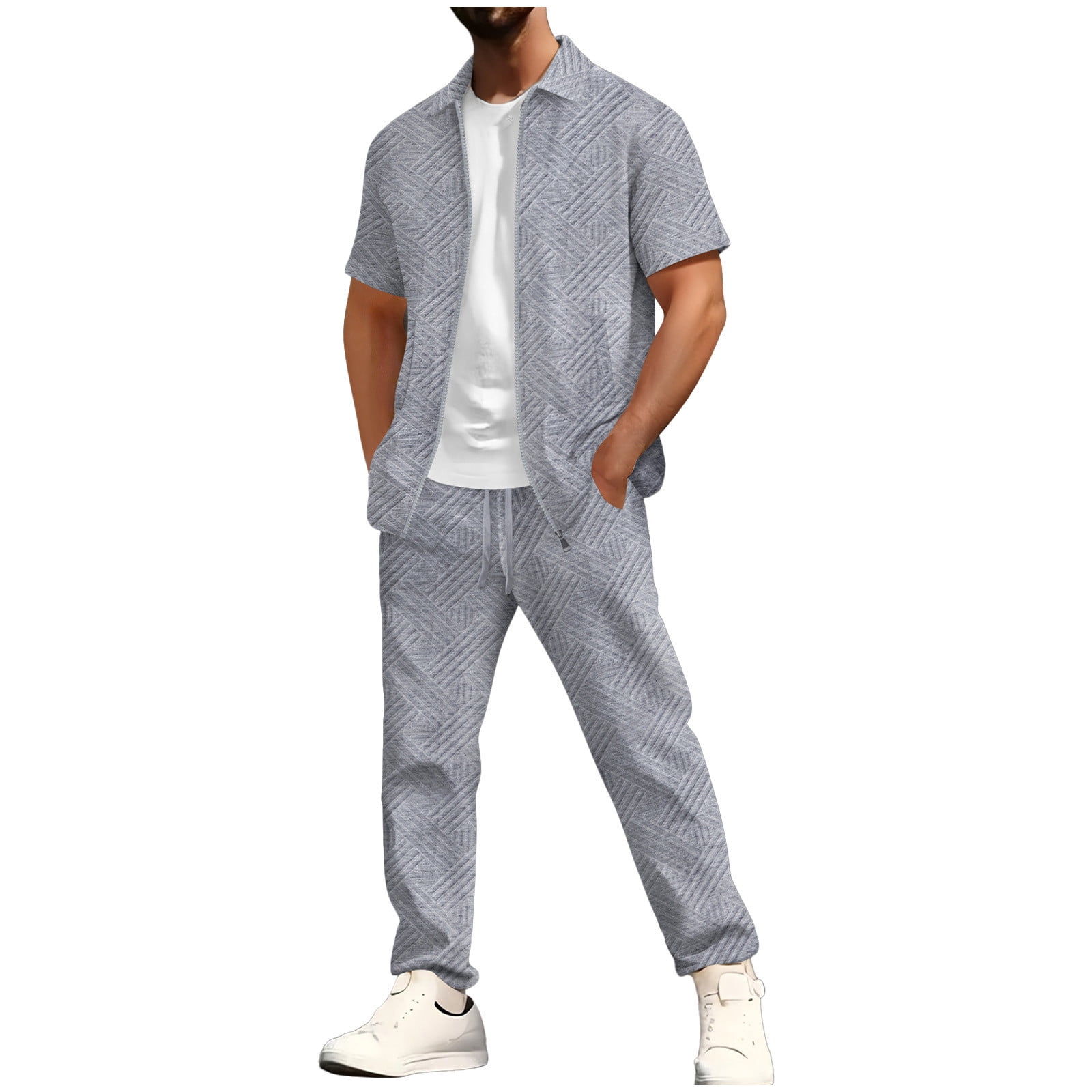 BinBiL Men's 2 Piece Outfits zipper Lapel T Shirts and Drawstring ...