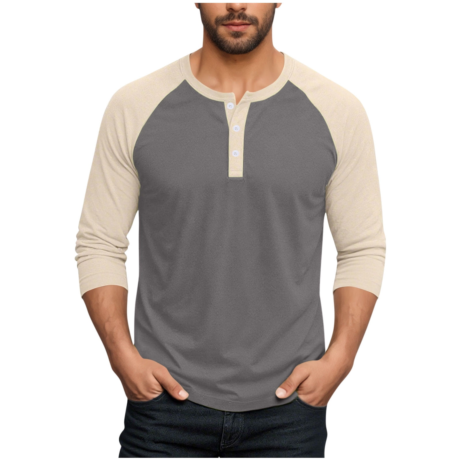 BinBiL Men's Henley Shirt Fall Crewneck Color Block Slim Fit Long ...