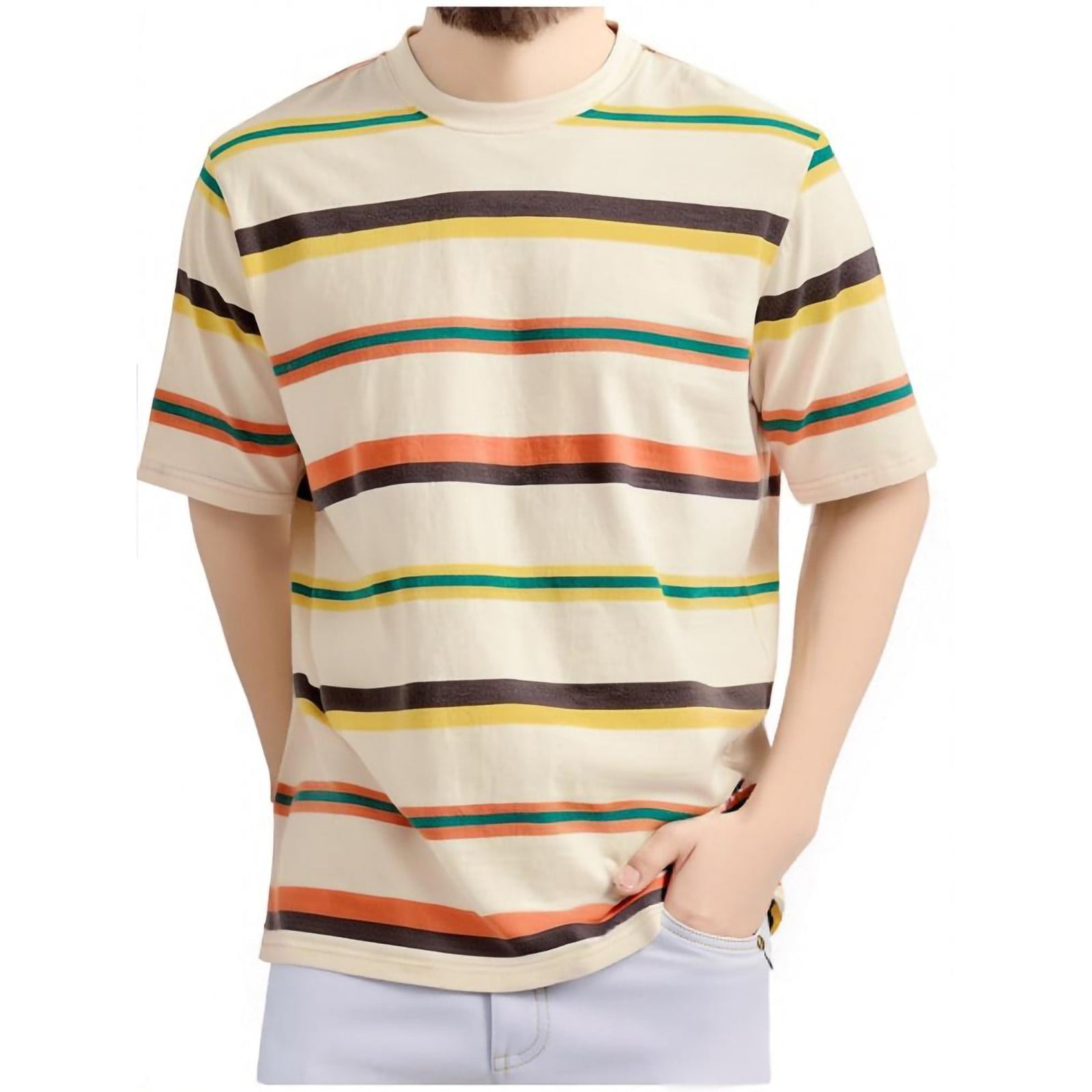 BinBiL Men's Summer T-Shirt Casual Round Neck Striped Short Sleeved T ...