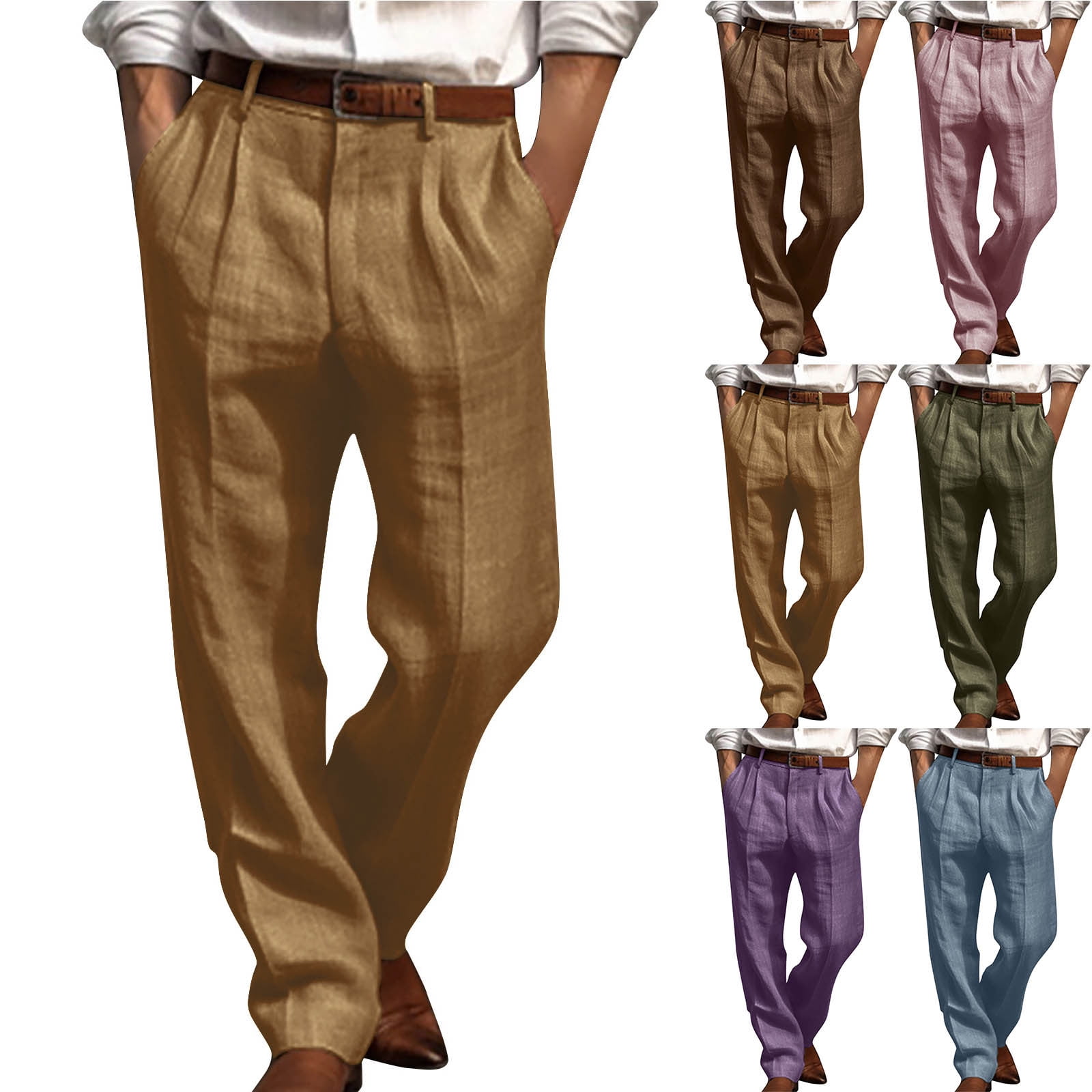 BinBiL Mens Casual Linen Pants Elastic Waist Lightweight Loose Fit ...