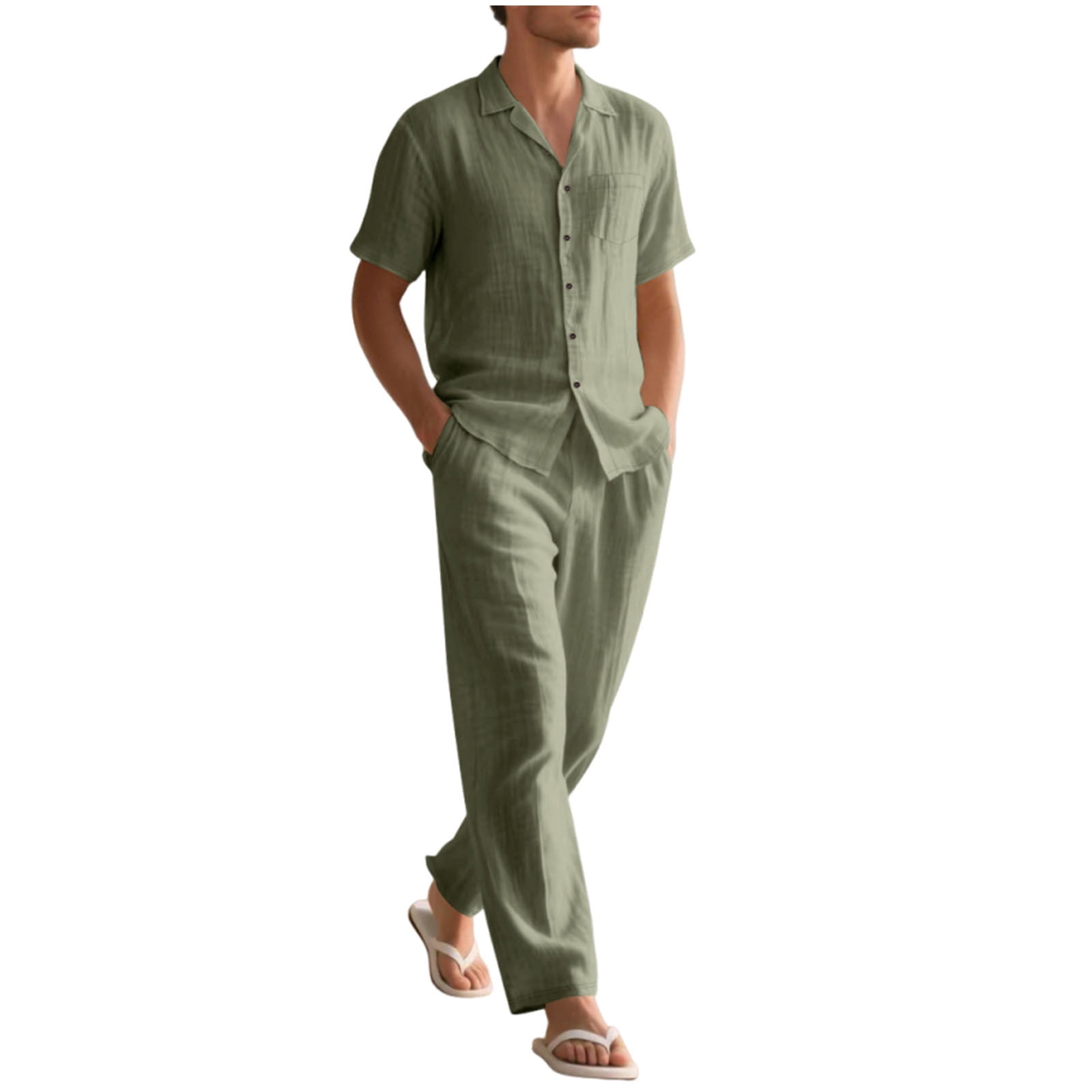 BinBiL Mens Linen Sets 2 Piece Long Sleeve Button Down Cuban Shirt and ...