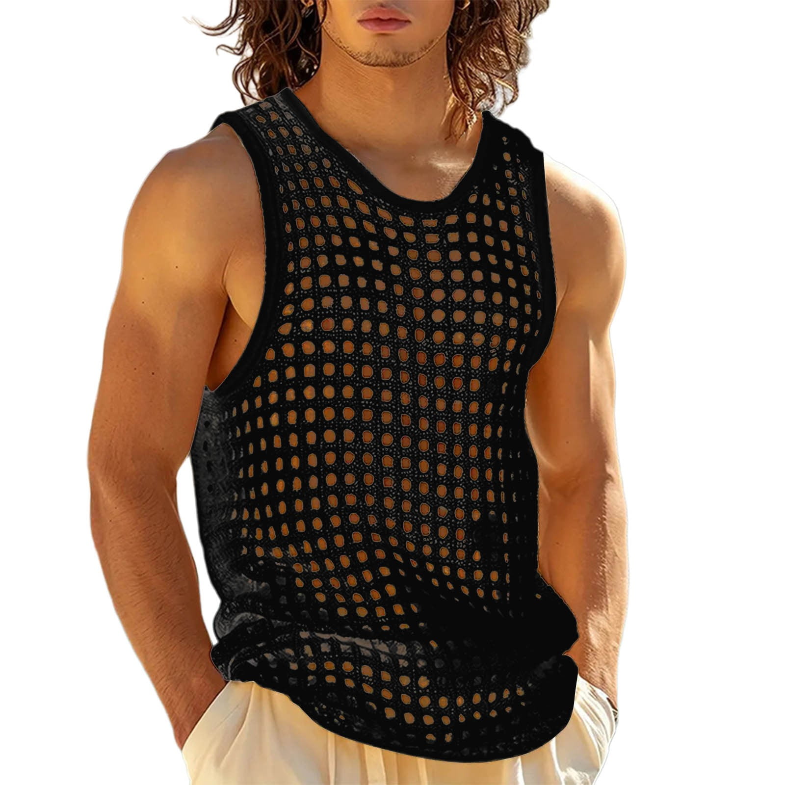 BinBiL Mens See Through Vest Sleeveless Hollow Out Knitted Crochet T ...