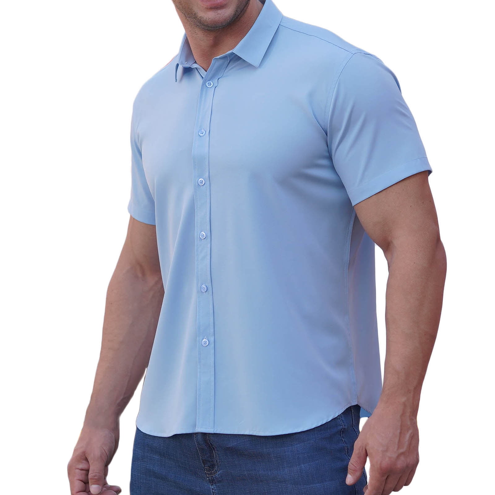 BinBiL Mens Short Sleeve Dress Shirts Stretch Casual Button Down Shirts ...