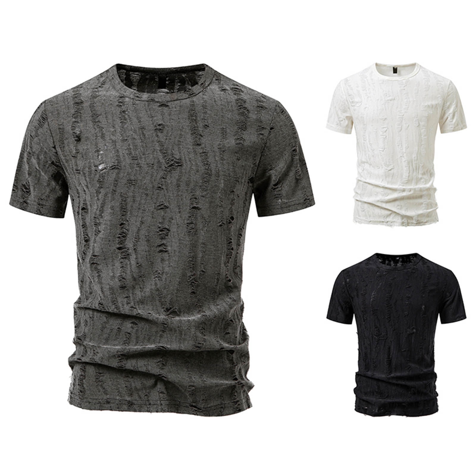 BinBiL Mens Solid Color Ripped T-Shirts Short Sleeve Round Neck Hole ...