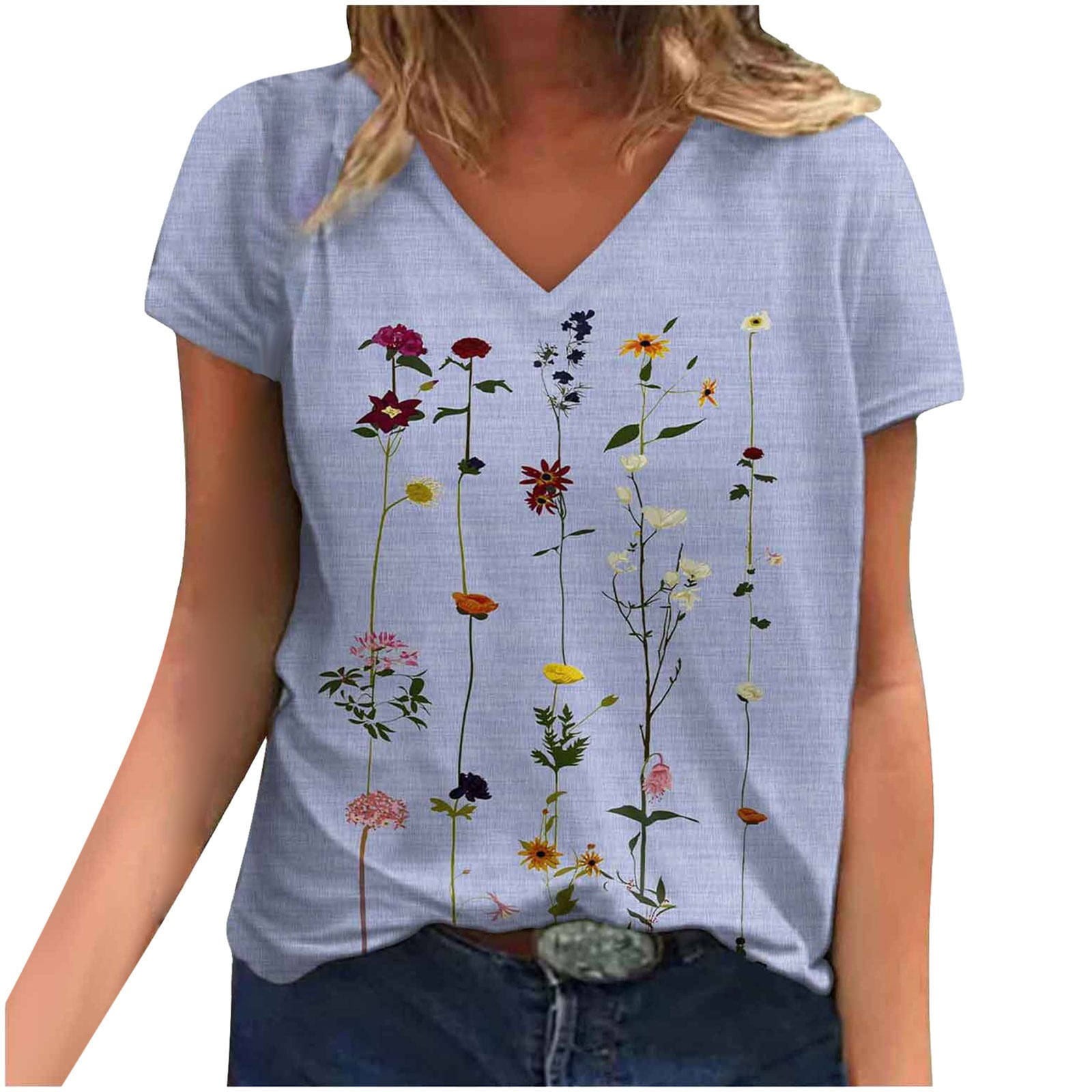 BinBiL Summer tops for women Vintage Flowers V Neck Shirt for Women ...