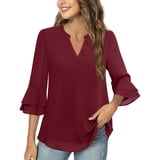 BinBiL Womens 3/4 Sleeve Chiffon Blouses V Neck Double Layers Mesh ...