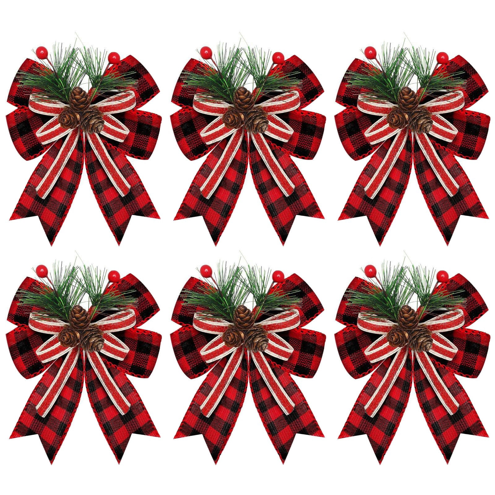 BinKFF 6 Pcs Christmas Bows with Pine Cones Pine Needles Xmas Buffalo ...