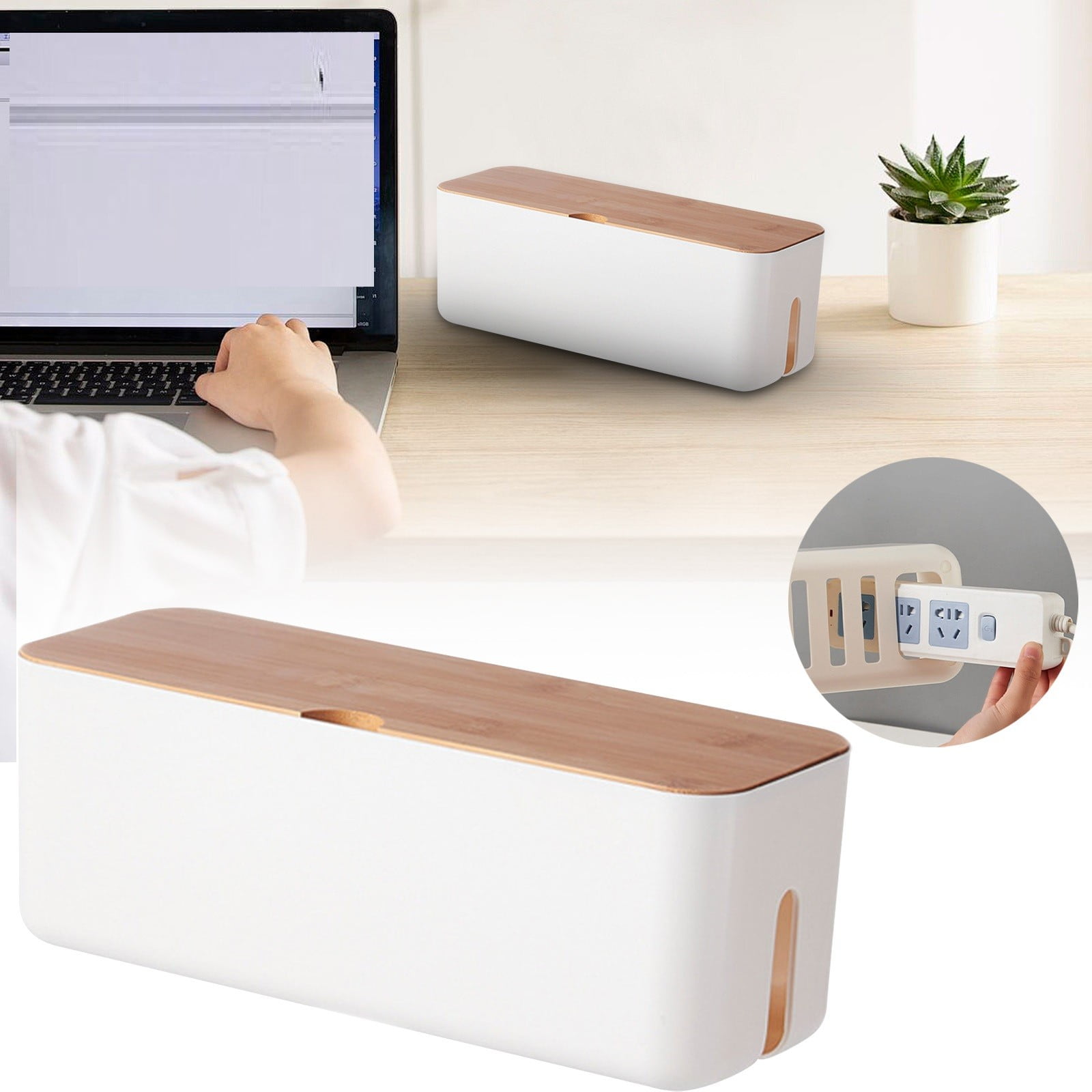 BinKFF Cable Management Box Organizer, 11.8x4.2x4.3 inches, Wood Lid ...