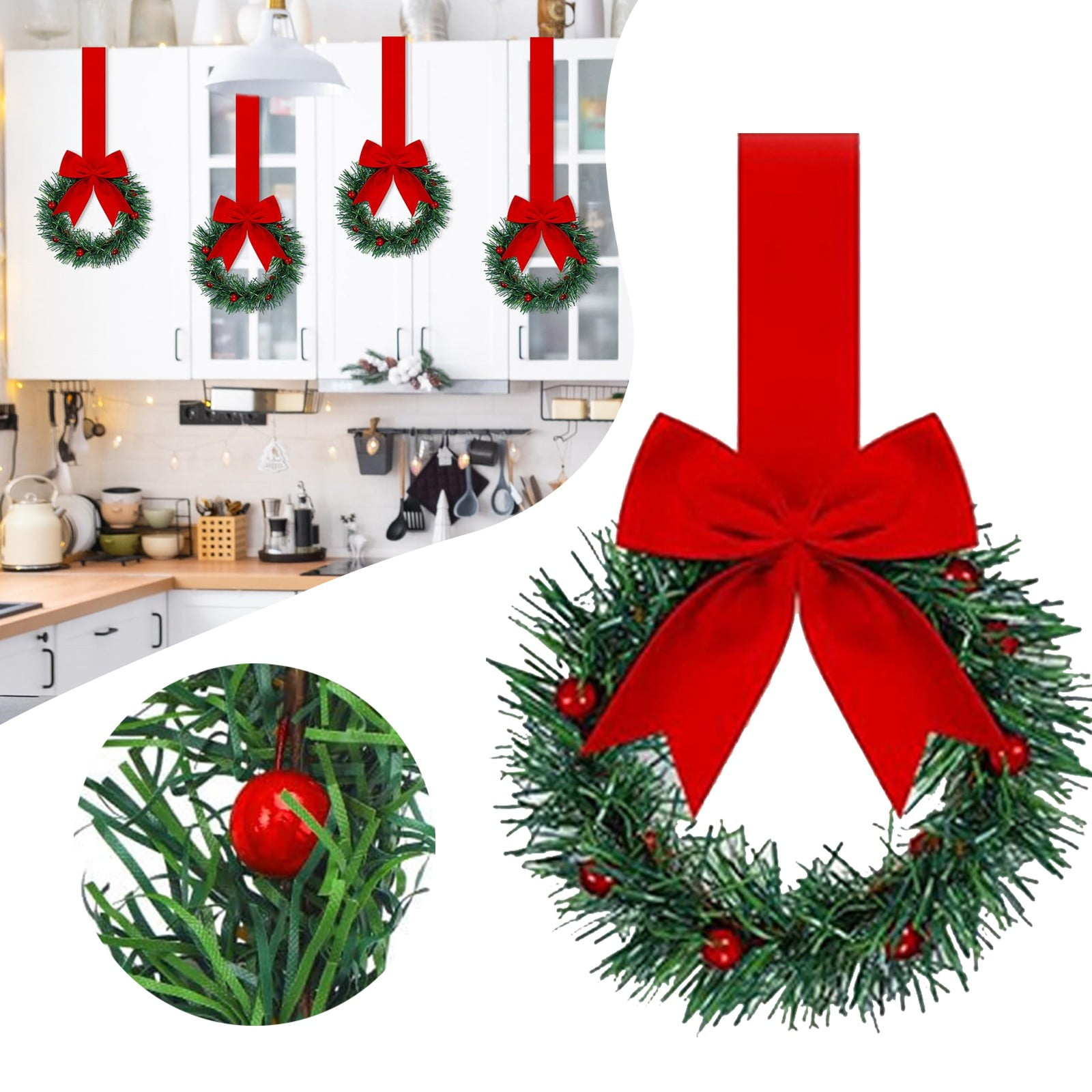 BinKFF Christmas Cabinet Wreaths with Red Ribbon Bows - Artificial Red ...