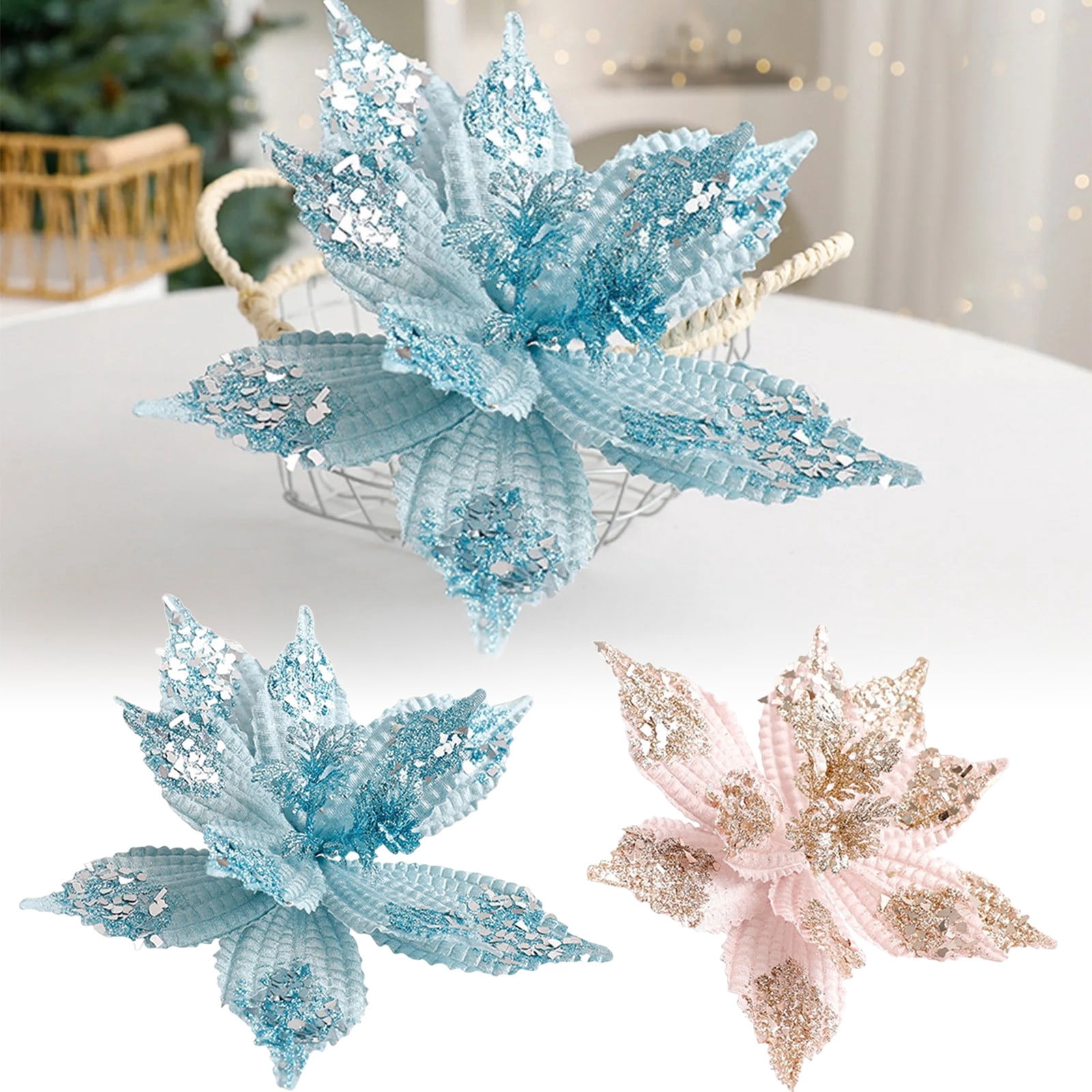 BinKFF Christmas Velvet Poinsettia Flowers Artificial 11'' Xmas Velvet ...