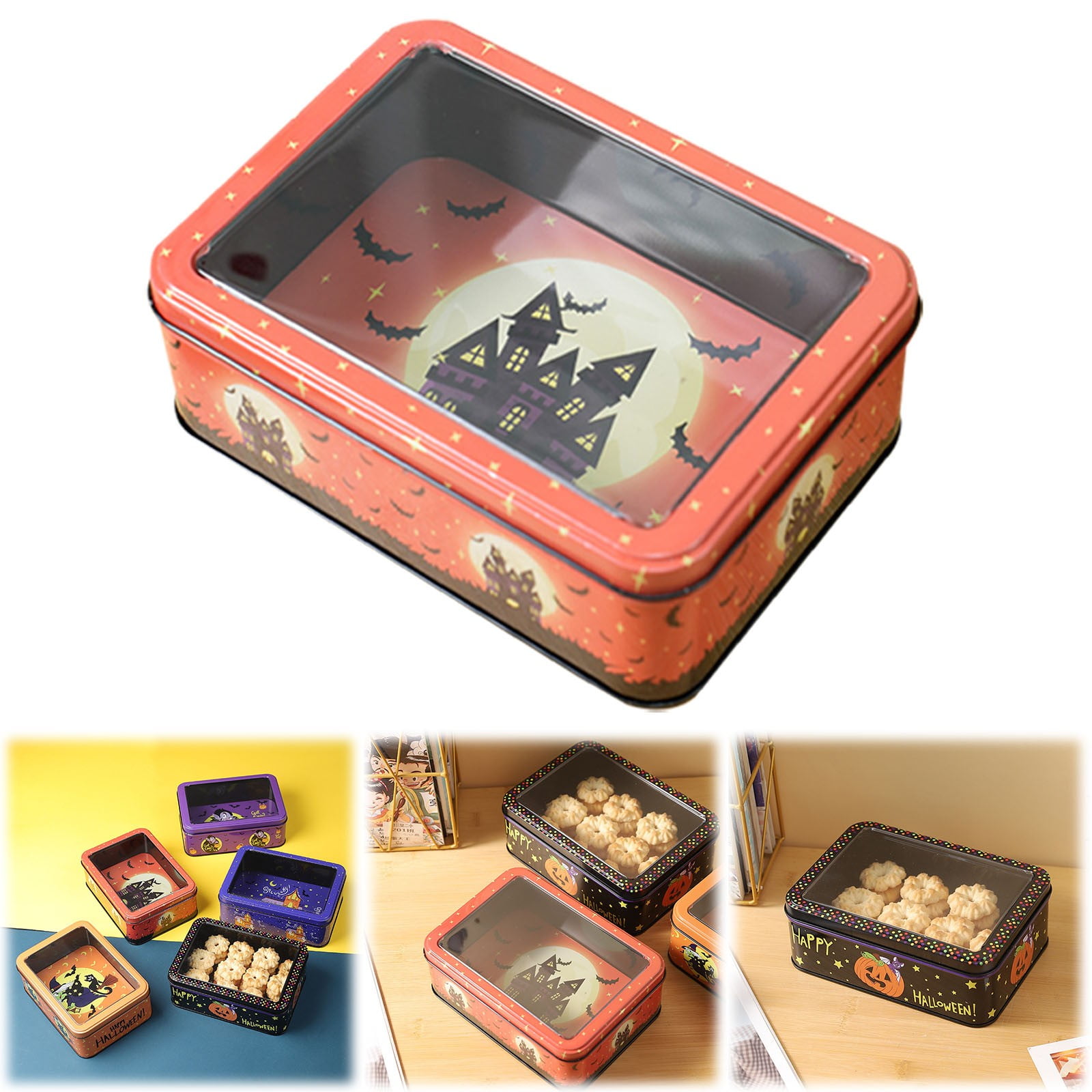 BinKFF Halloween Cookie Tins with Lids, Reusable Metal Storage Jar ...
