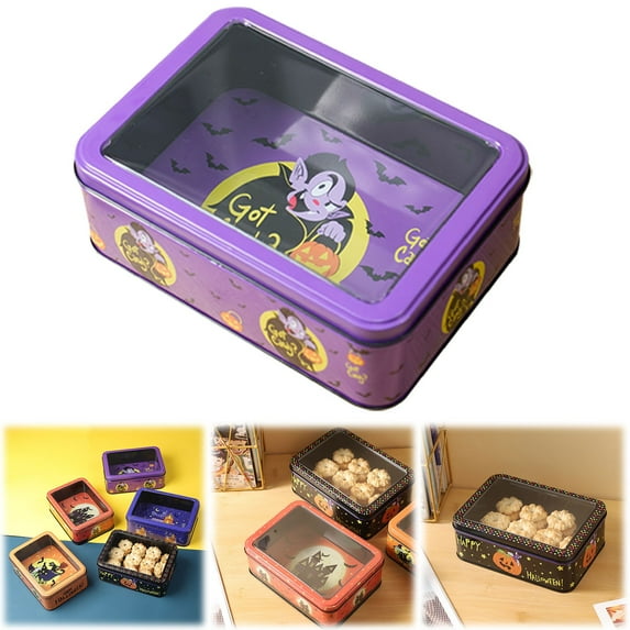 BinKFF Halloween Cookie Tins with Lids, Reusable Metal Storage Jar ...