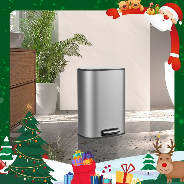 BinMax 12L Stainless Steel Wastebasket, Hands-Free Foot Pedal, Slow-Close Lid, Silver Bathroom ...