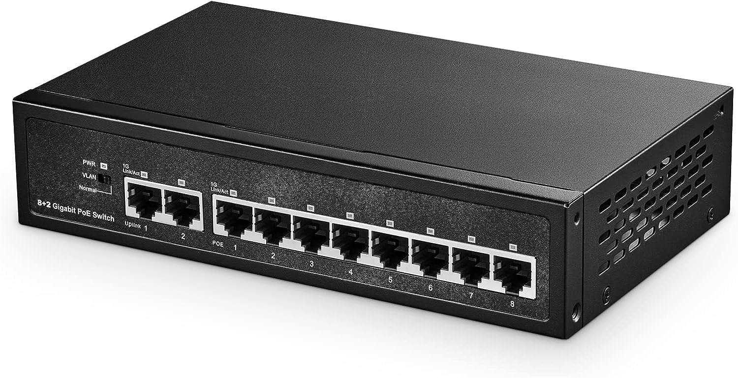 Binardat 10 Port Gigabit POE Switch, 8 POE+ Ports 1000Mbps, 2 Gigabit ...