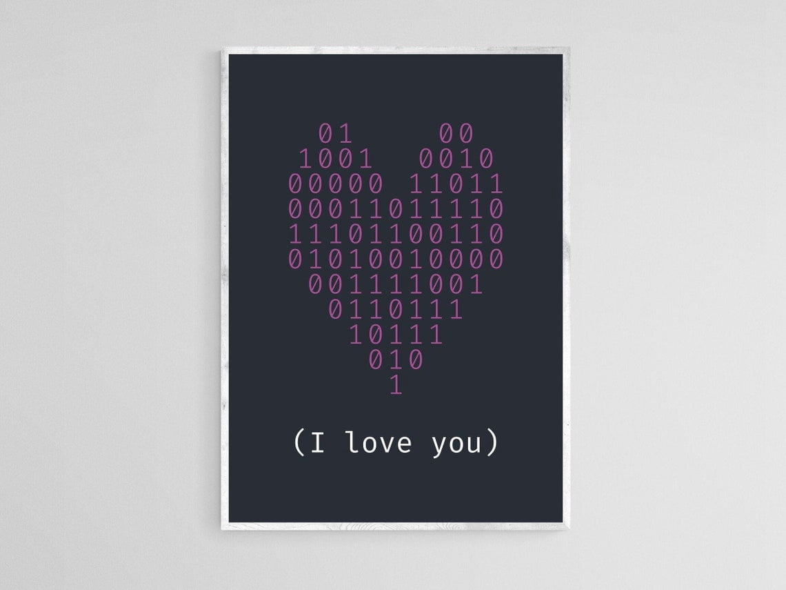 Binary Code I Love You Typography Wall Art Nerdy Romantic Decor, Unframed Paper Print Size 24x36 ...