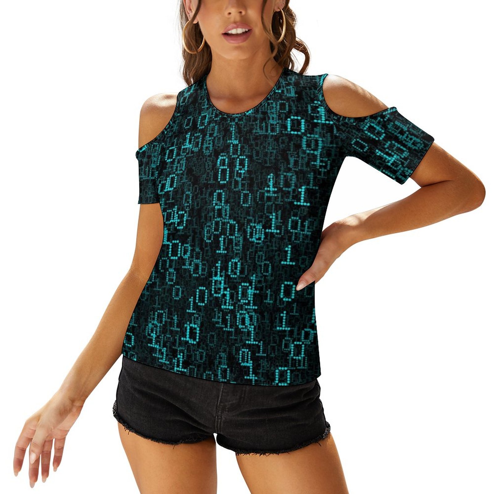 Binary Data Cloud New Fashion Zip Off Shoulder Top Short-Sleeve Women Shirt Geek Nerd Computer ...